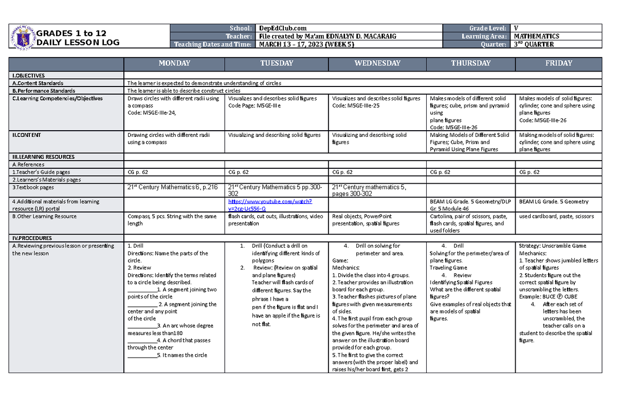 DLL Mathematics 5 Q3 W5 - dLL for math - GRADES 1 to 12 DAILY LESSON ...
