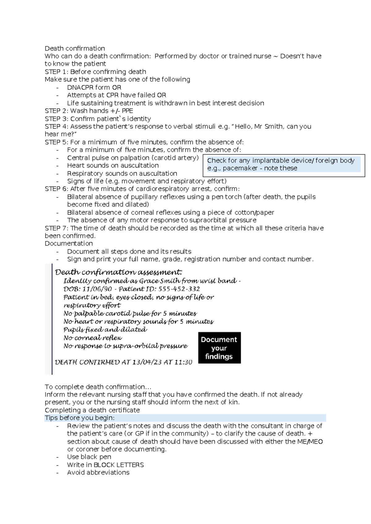 Death Confirmation Process: Guidelines for Medical Professionals - Studocu