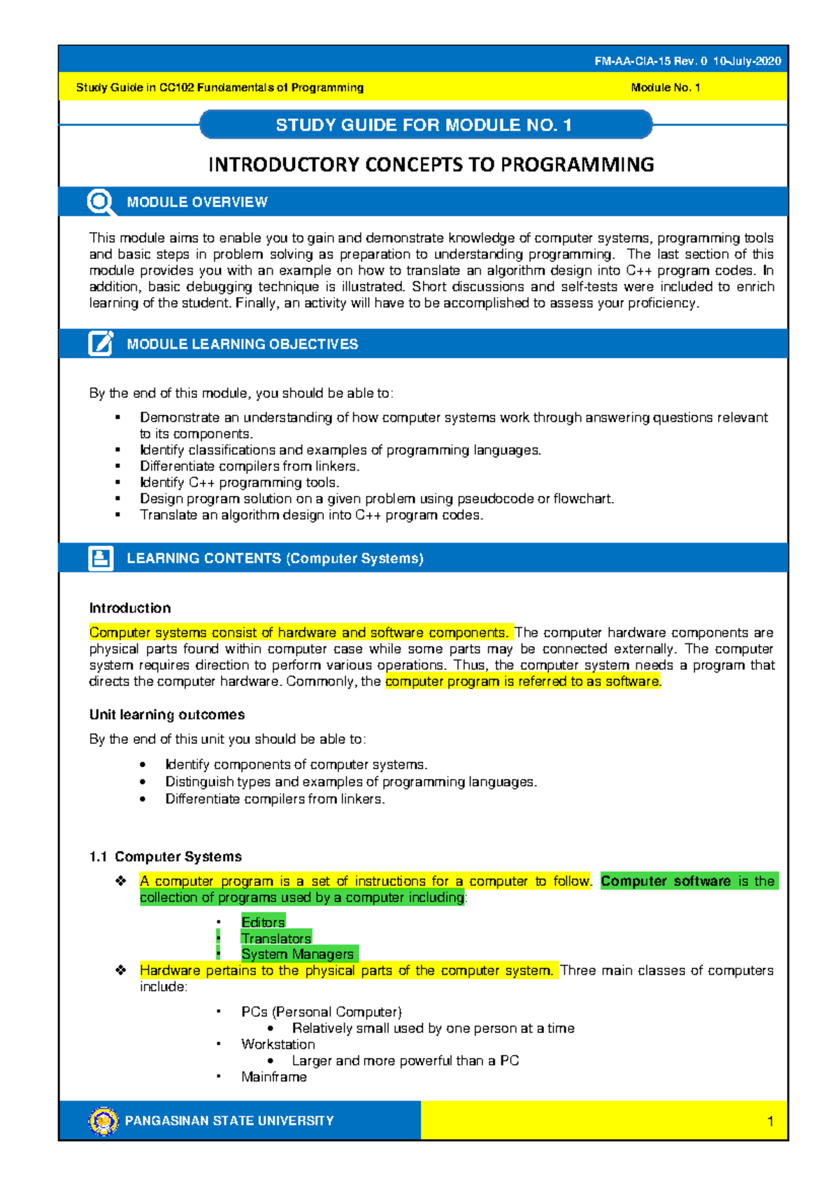 Study Guide for CC102: Fundamentals of Programming - Module 1 - Studocu
