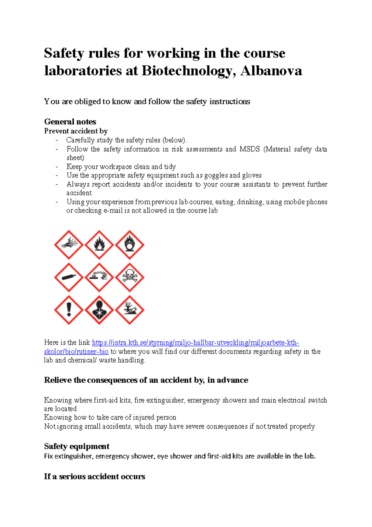 KTH Lab Safety Guidelines 2019 - Biotechnology Course Summary - Studocu