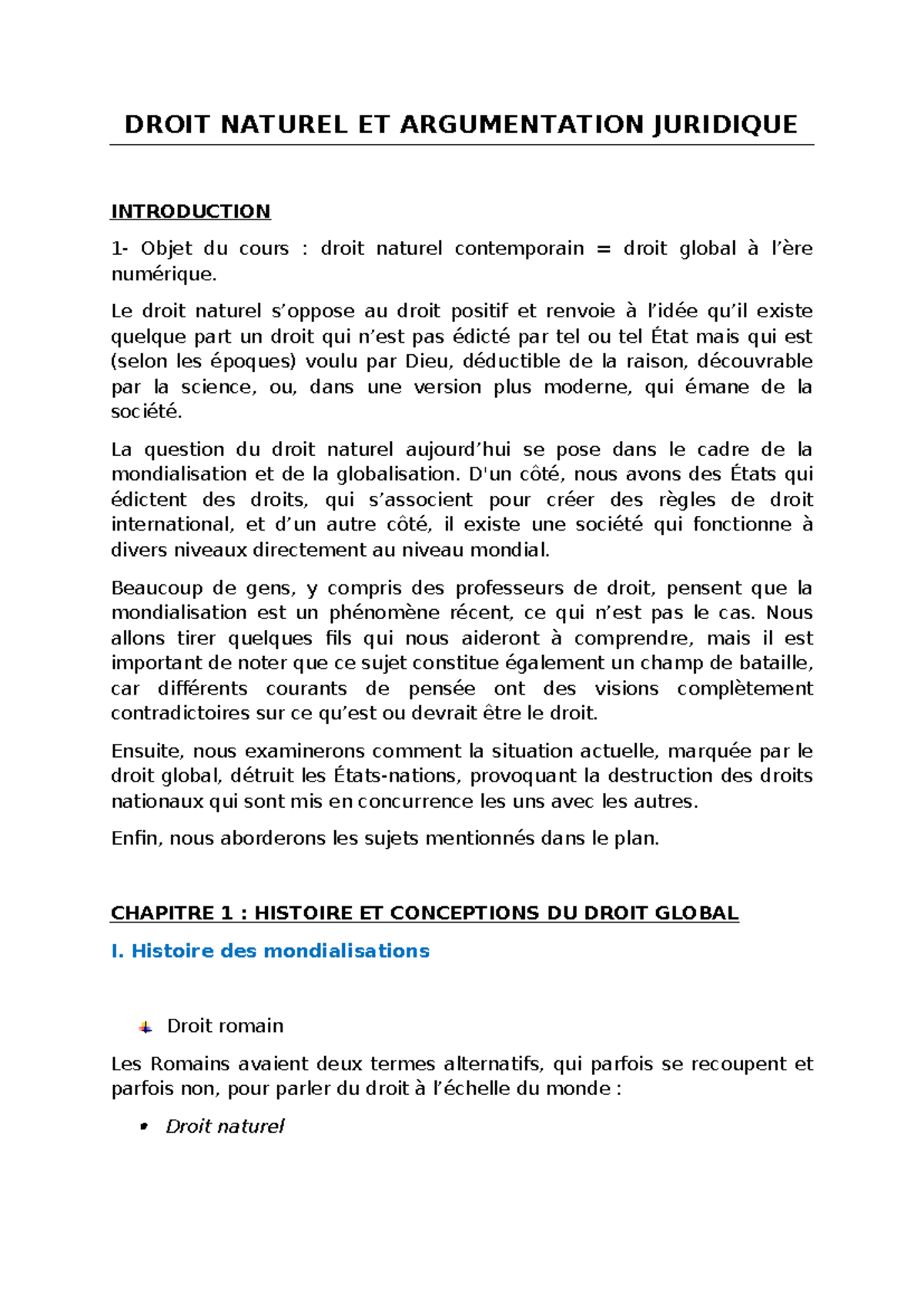 DROIT NATUREL ET DROIT GLOBAL : INTRODUCTION AU COURS (DROIT 101) - Studocu