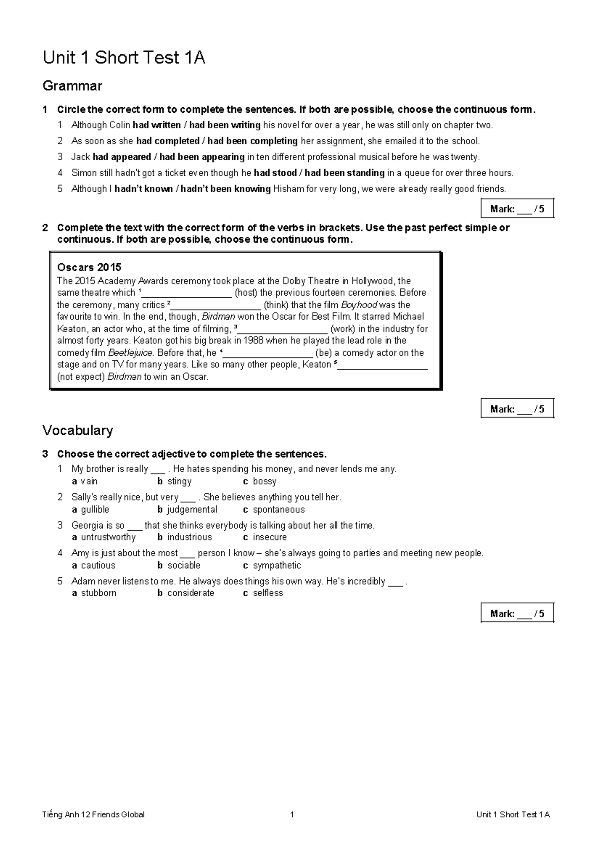 Tiếng Anh 12 Friends Global Unit 1 Short Test 1A Grammar & Vocabulary ...