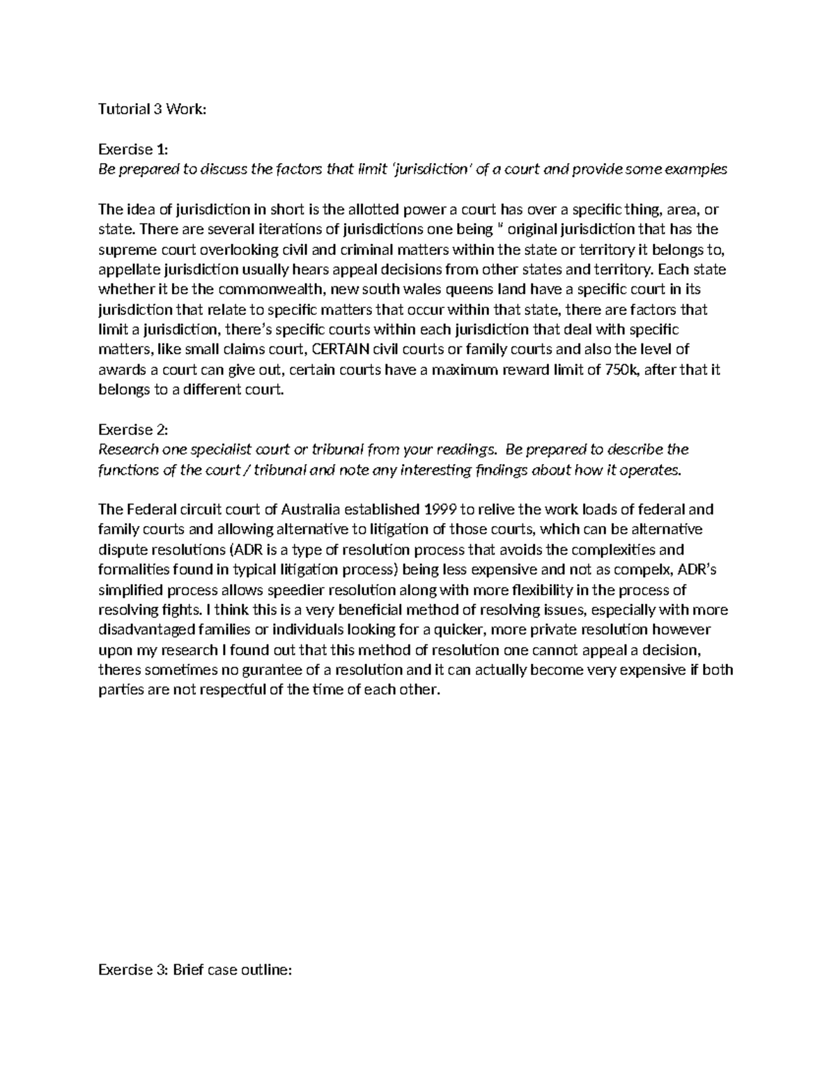 LAWS1010: Tutorial 3 Work on Jurisdiction and Case Analysis - Studocu
