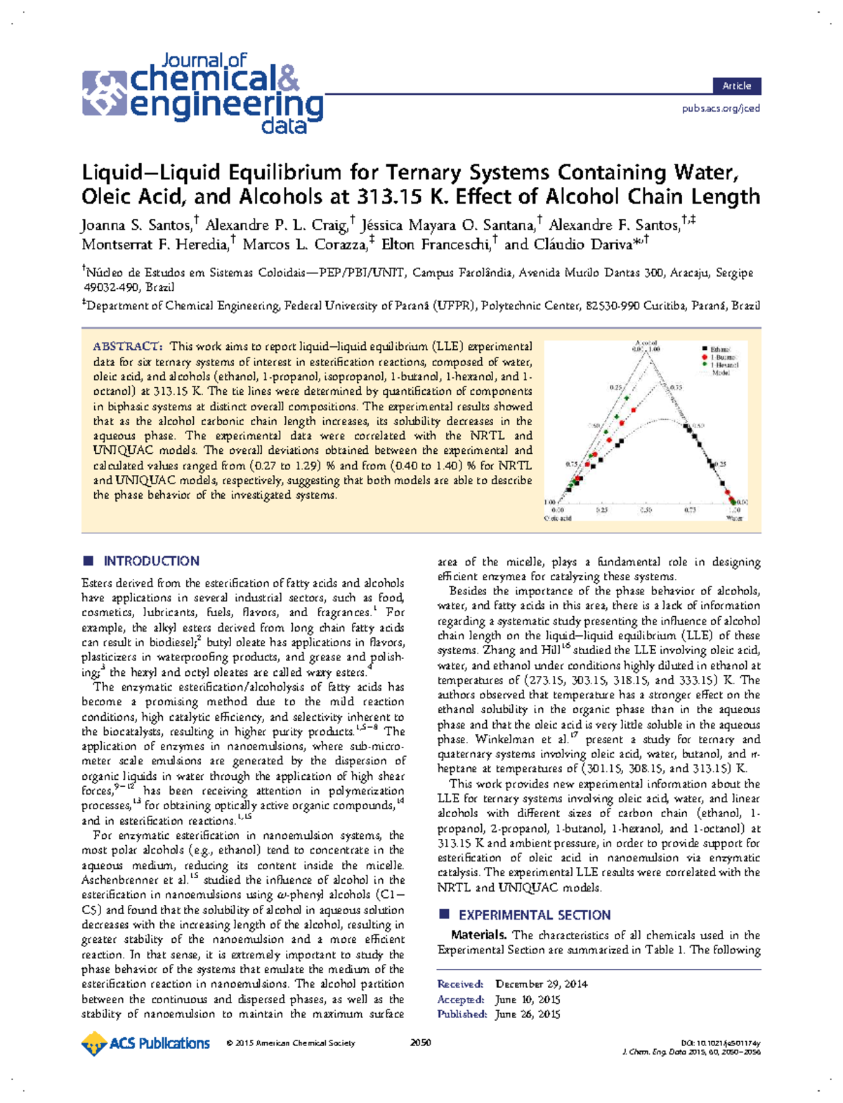 Equilibrium Data for Ternary Systems: Water, Oleic Acid, and Alcohols ...