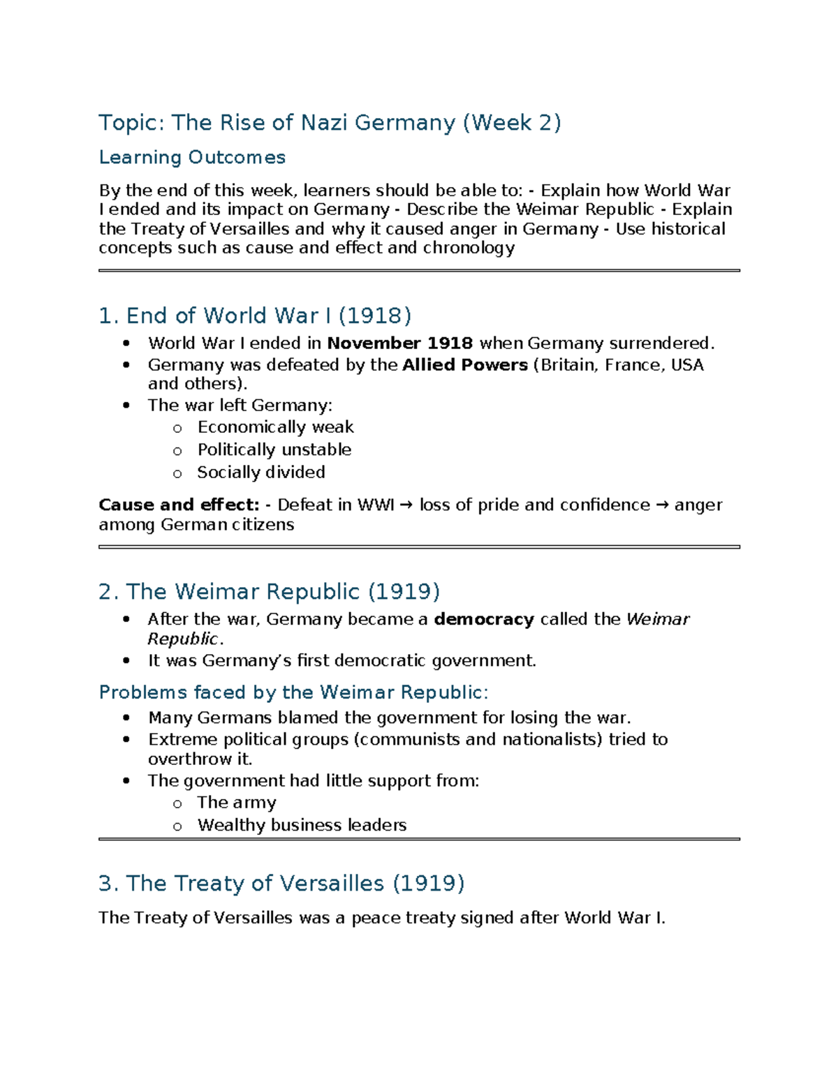 Grade 9 History – Term 1 Week 2: The Rise of Nazi Germany Notes - Studocu