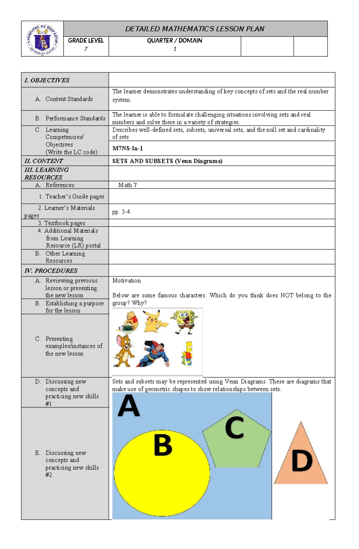 Grade 7 Math Lesson Plan: Sets & Real Numbers (Quarter 1) - Studocu