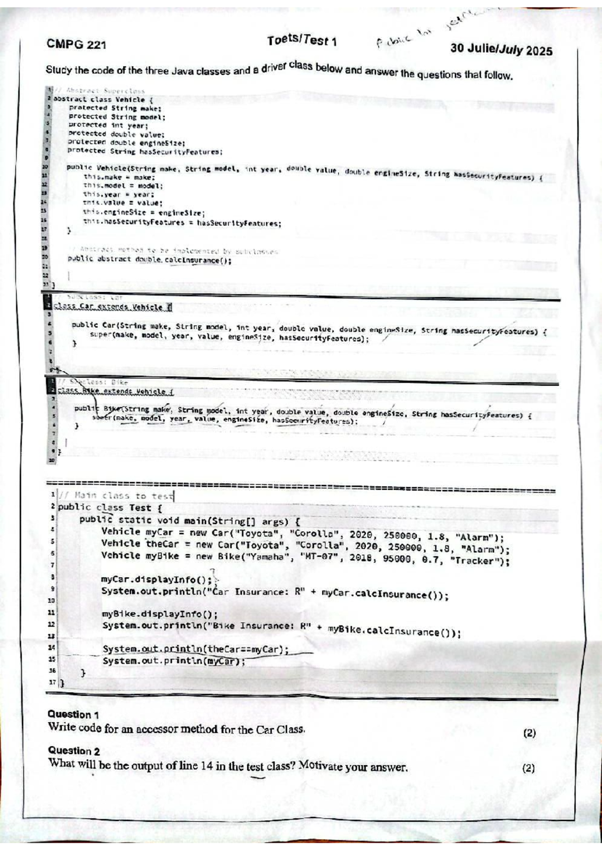 CMPG 221 Class Test 1 2025: Java Vehicle Classes Analysis - Studocu