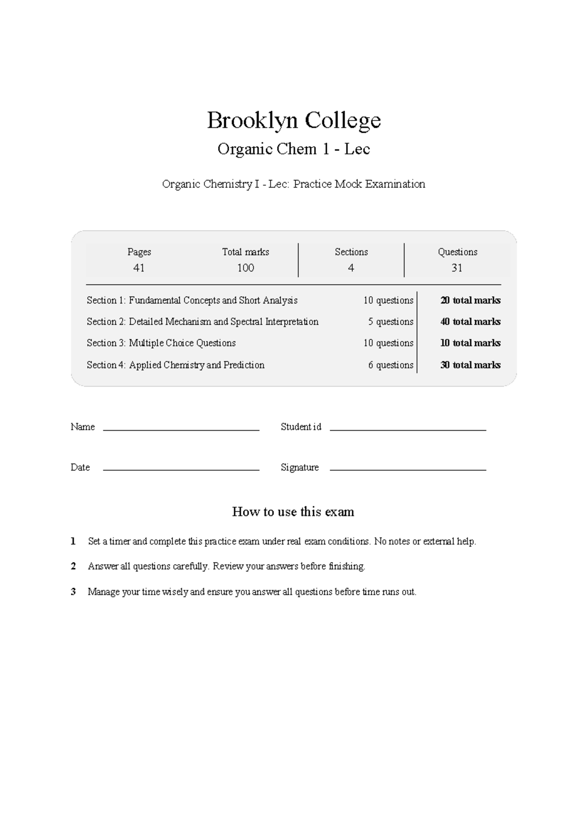 CHEM 3511 Organic Chemistry I - Lec: Practice Mock Exam 2026 - Studocu