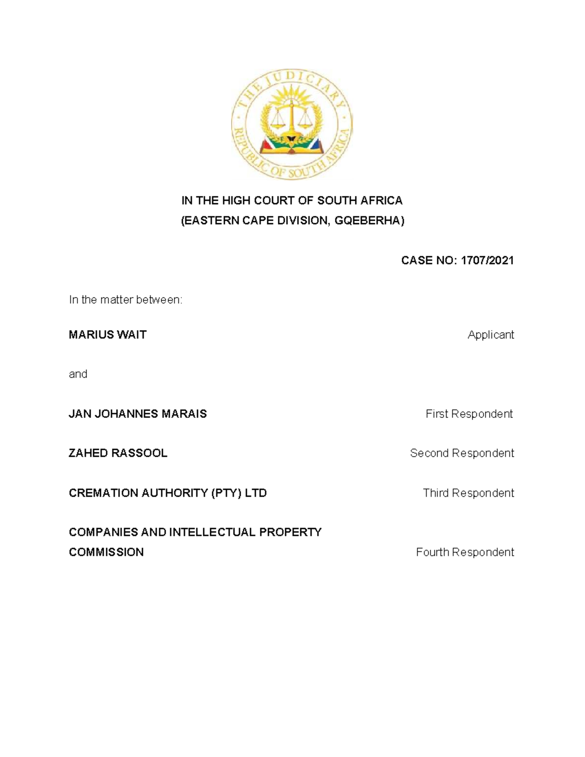 Marius Wait vs. Zahed Rassool Cremation Authority: High Court Case ...