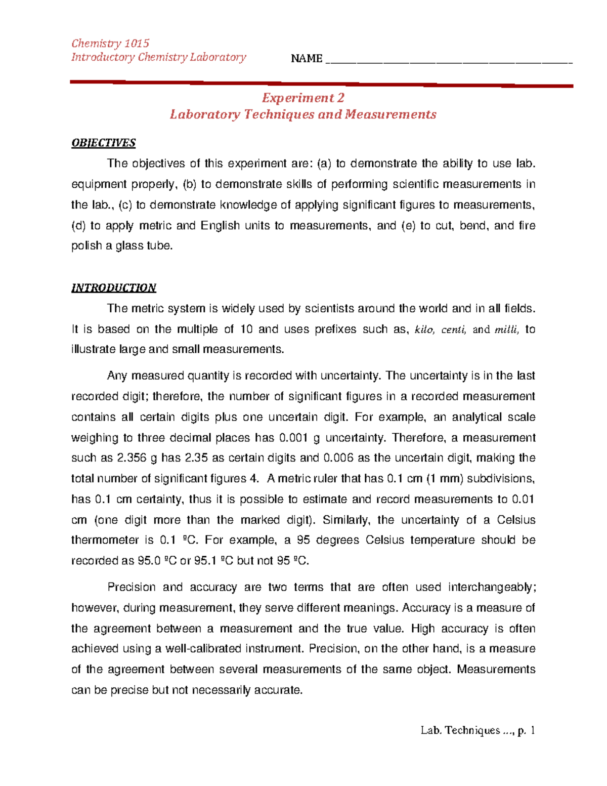 Chemistry 1015 - Exp 2: Lab Techniques & Measurements Overview - Studocu