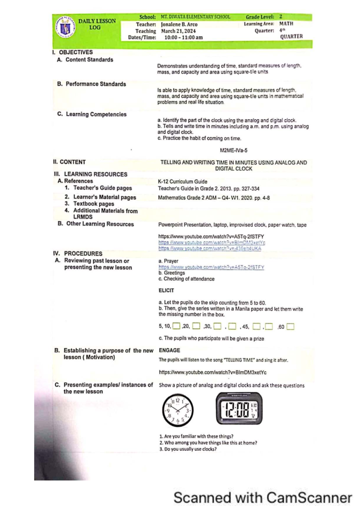 Lesson Plan: Grade 2 Math - Telling Time with Analog & Digital Clocks ...