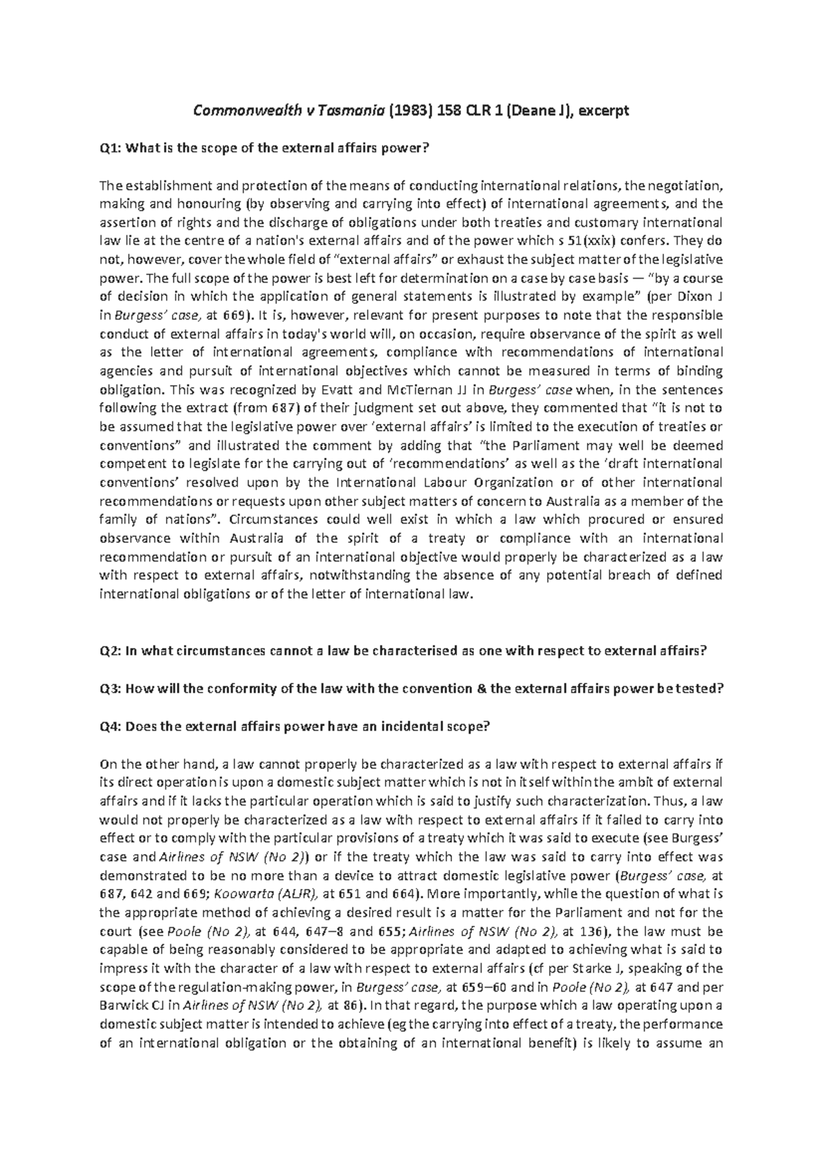 Commonwealth v Tasmania (1983) 158 CLR 1: External Affairs Power ...