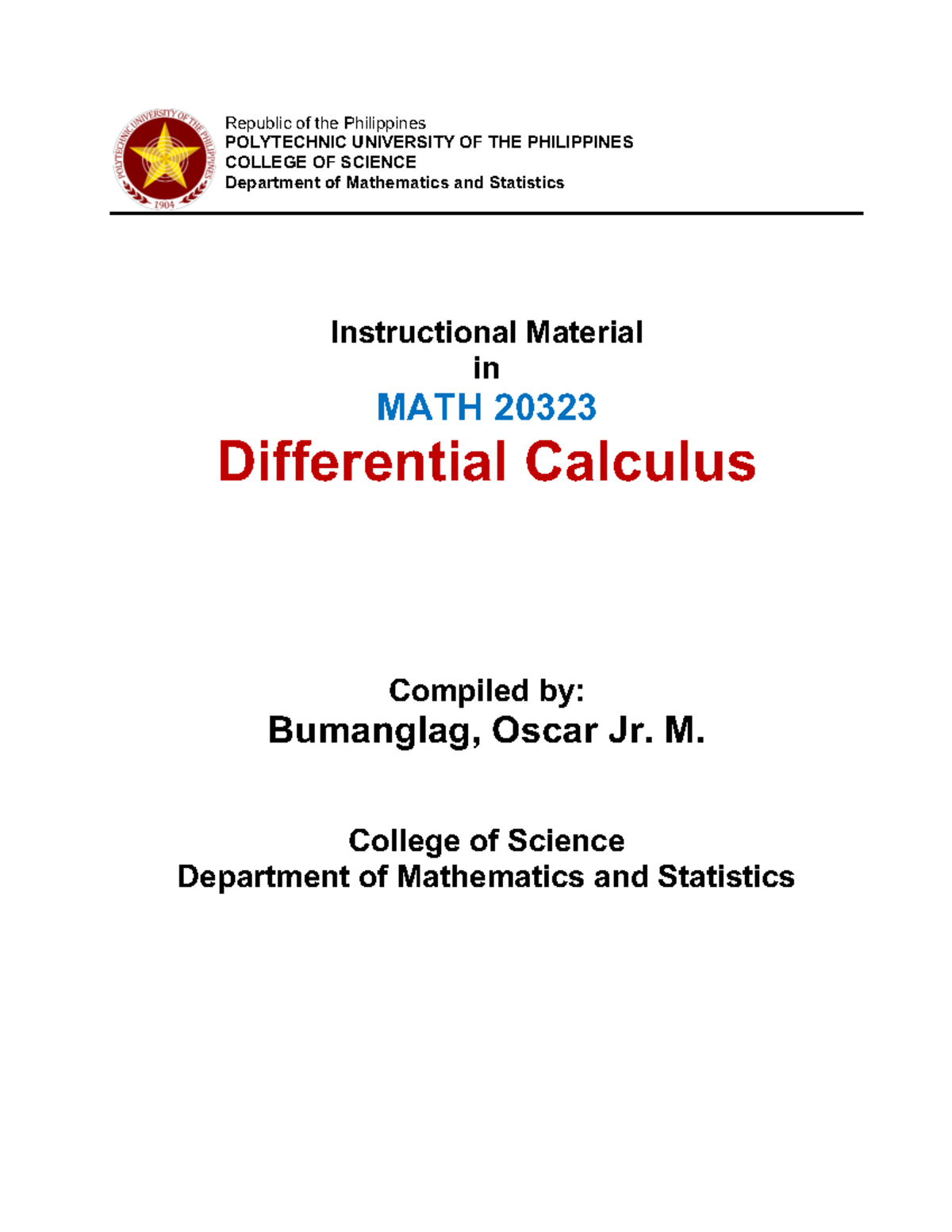 Instructional Material: Differential Calculus (MATH 203 - 2023) - Studocu
