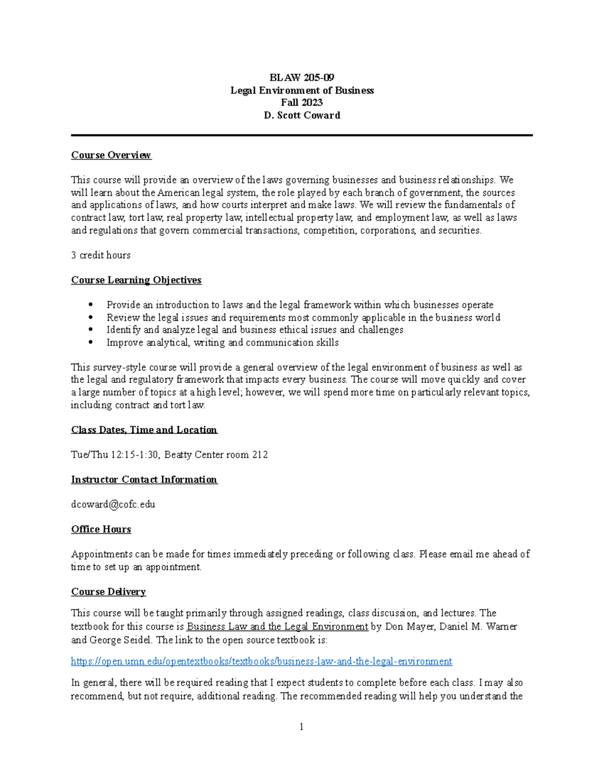 BLAW 205 Syllabus Fall 2023 - BLAW 205- Legal Environment of Business ...