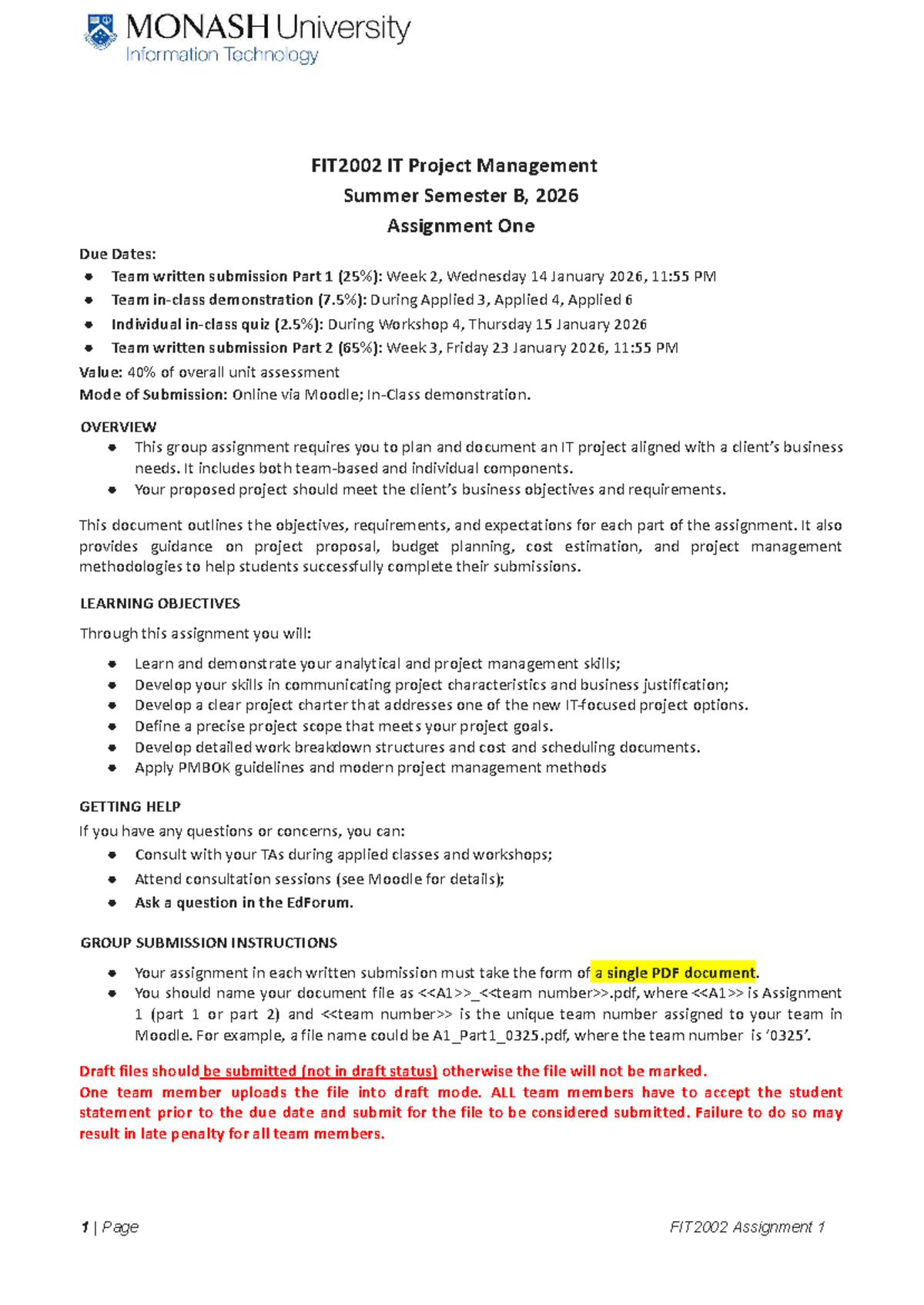 FIT2002 IT Project Management: Assignment 1 Overview & Deadlines - Studocu