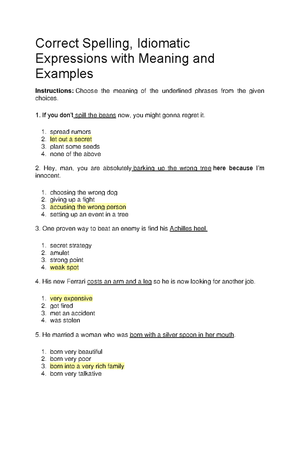 Civil Service Exam Complete Reviewer PH 2017: Idioms & Meanings - Studocu