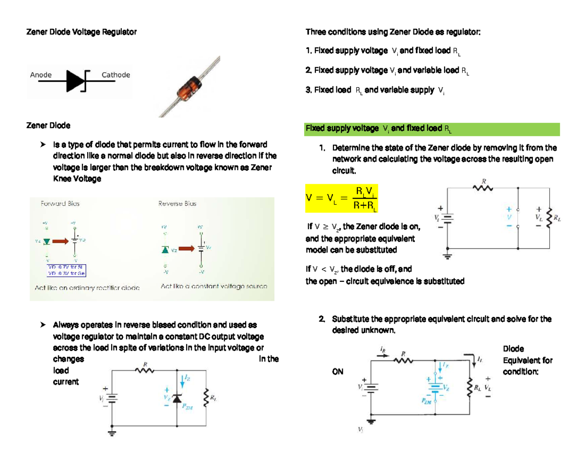 Zener Diode Voltage Regulator: Lecture Notes on Conditions and ...