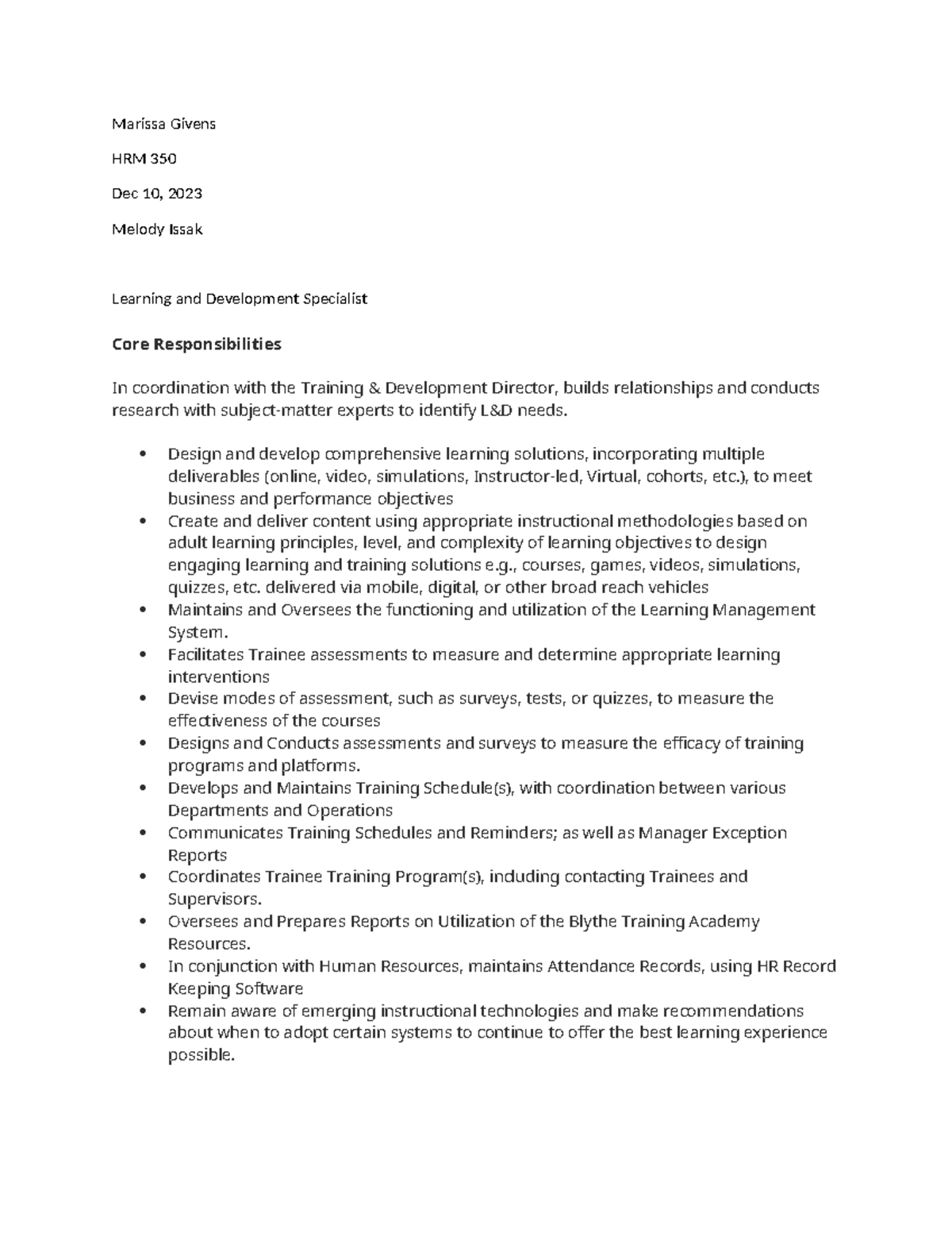 HRM 350 Module 8 - Learning & Development Specialist Insights - Studocu