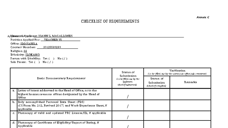 Checklist of Requirements for Teacher Application - Annex C - Studocu