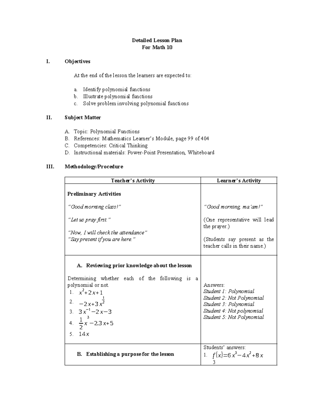 Math 10: Detailed Lesson Plan on Polynomial Functions - Studocu