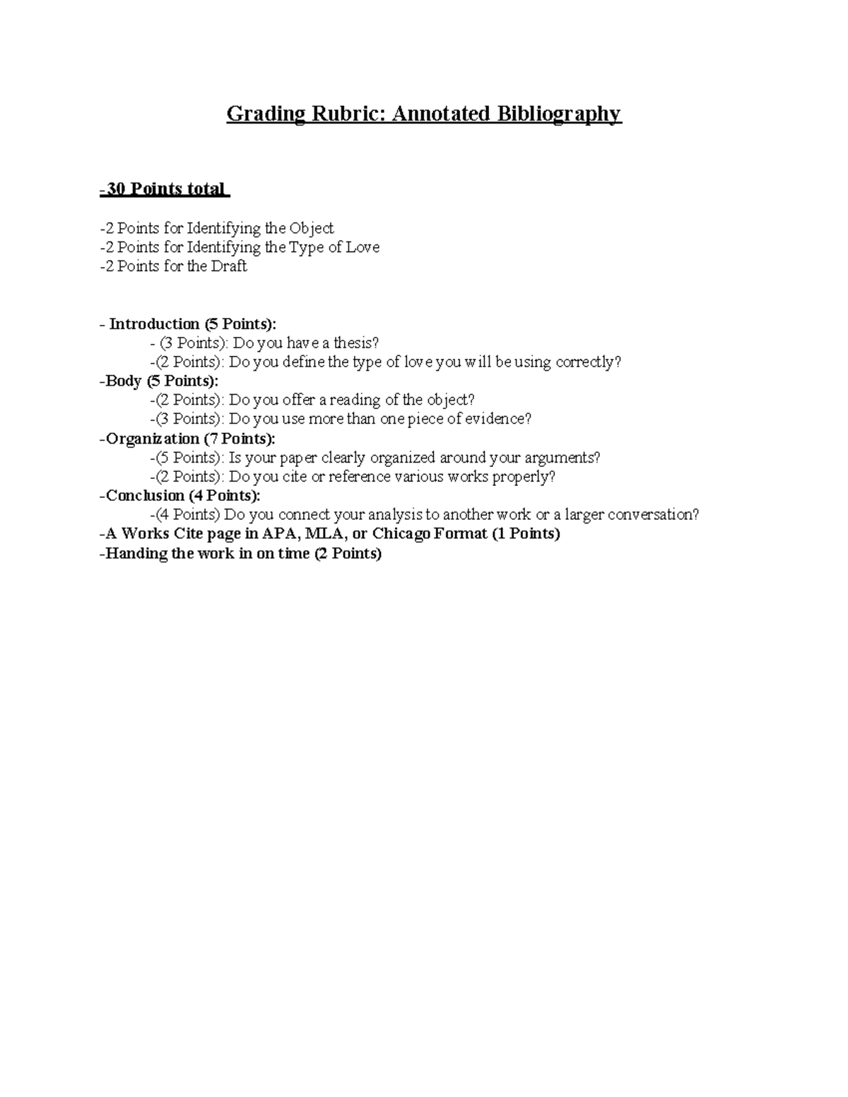 Grading Rubric for Annotated Bibliography: Cultural Project FYW Fall ...