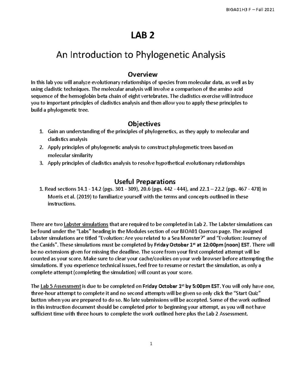 BIOA01 Lab 2: Exploring Phylogenetic Analysis Techniques F2021 - Studocu