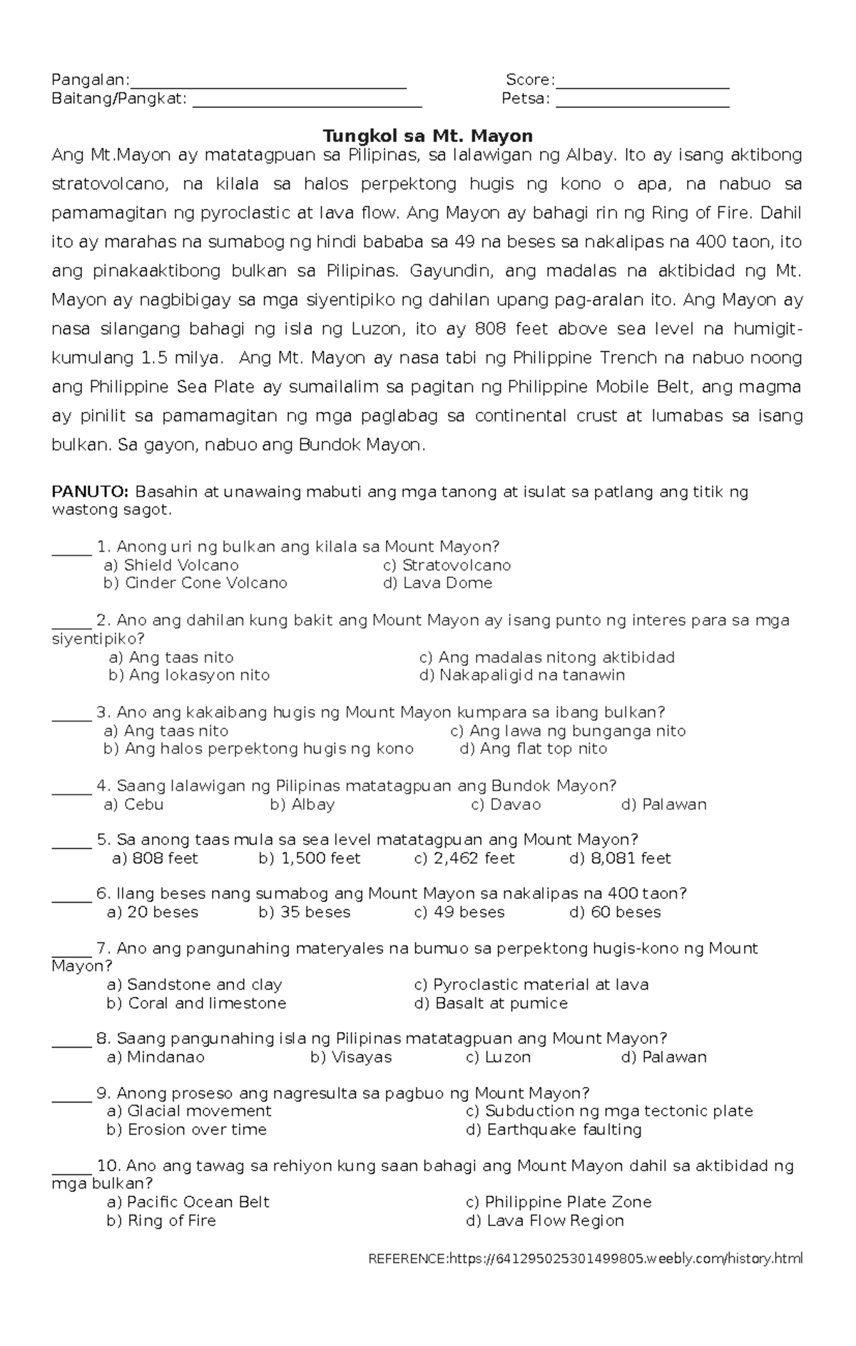 Post-test philippine-historical-events- Tagalog - Pangalan