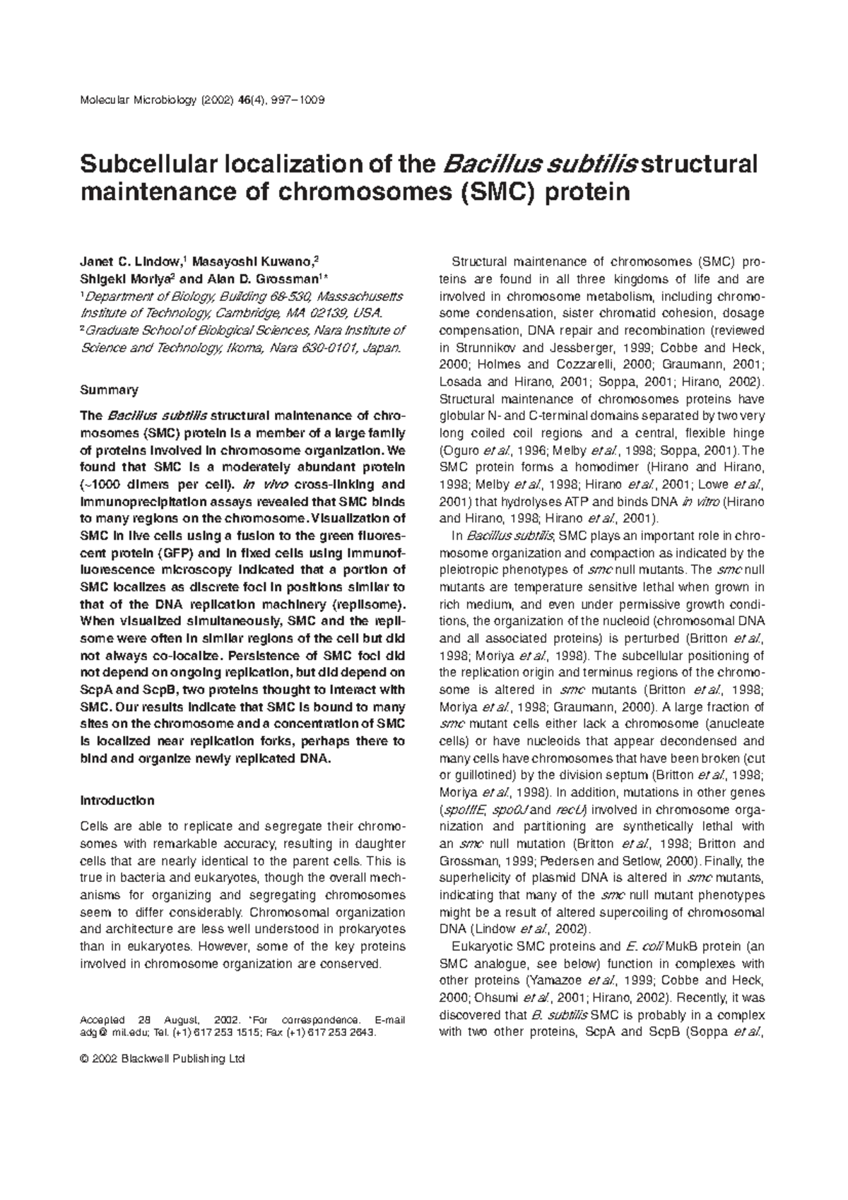 Subcellular Localization of SMC Protein in Bacillus subtilis (2002 ...