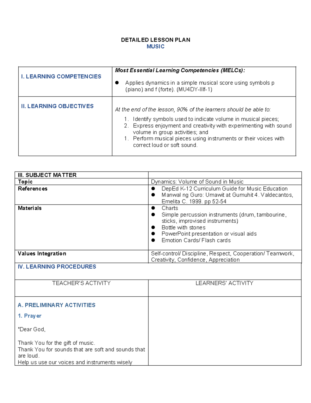 LP in Music I: Dynamics and Volume of Sound Lesson Plan - Studocu