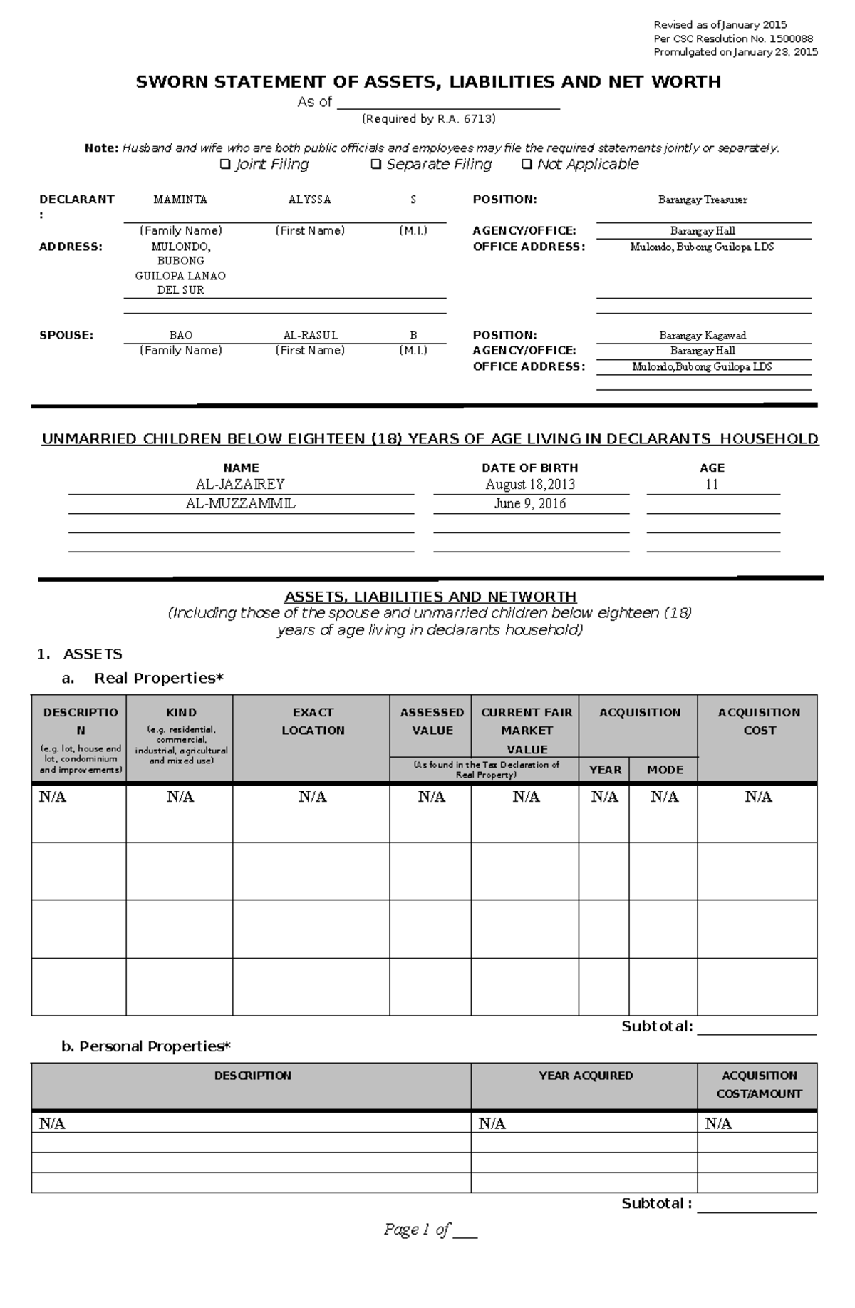 2015 SALN Form - Work immersion - Revised as of January 2015 Per CSC ...