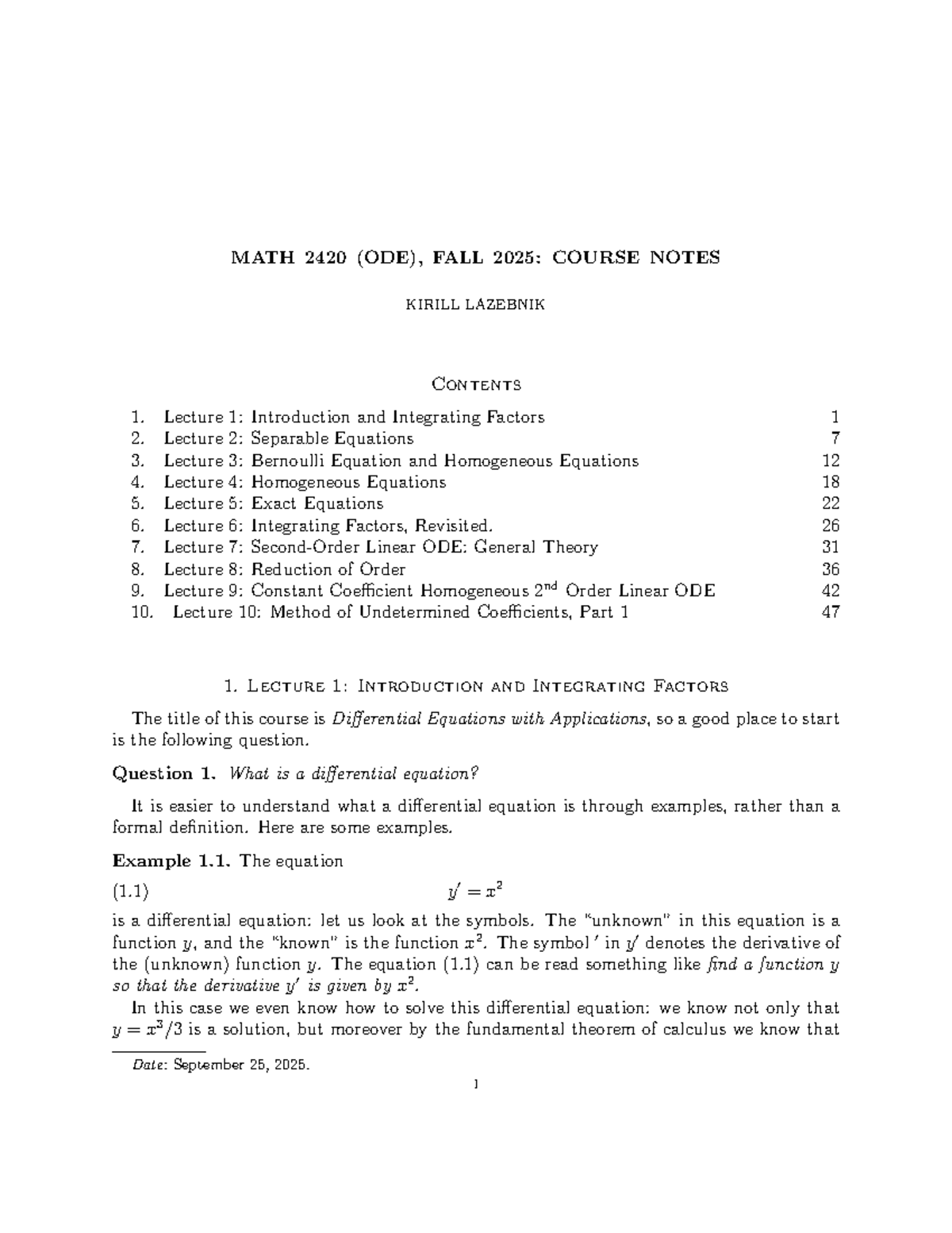 MATH 2420 (ODE), FALL 2025: Comprehensive Course Notes on Differential ...