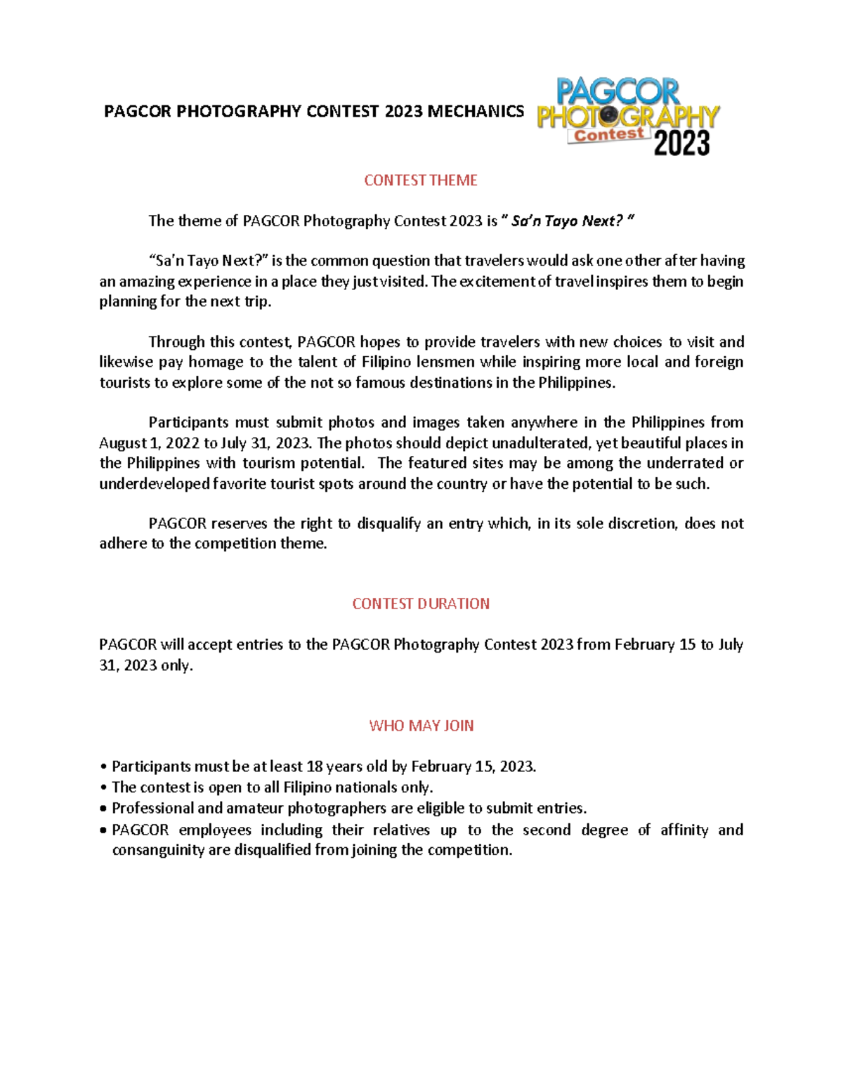 PAGCOR Photography Contest 2023: Rules & Mechanics Guide - Studocu