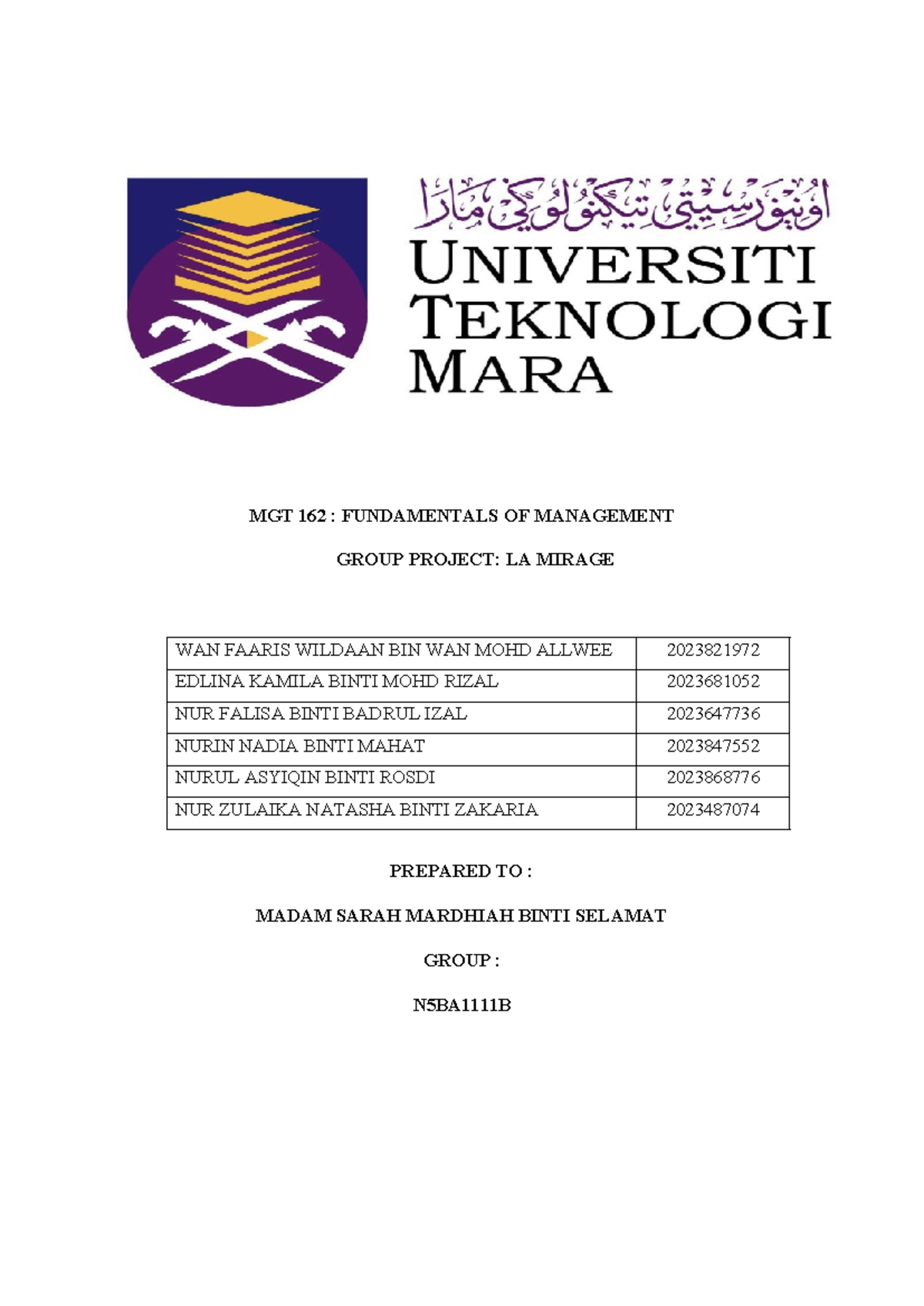 MGT 162 - Group Project on La Mirage Hotel Management Concepts - Studocu