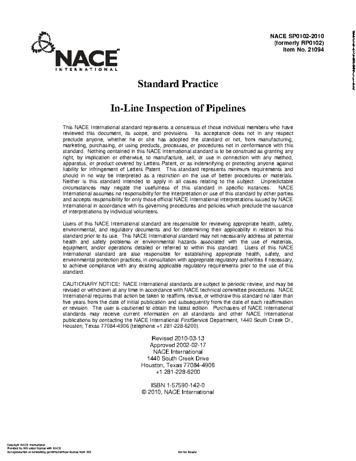 NACE SP0102-2010 Standard Practice for In-Line Inspection of Pipelines ...