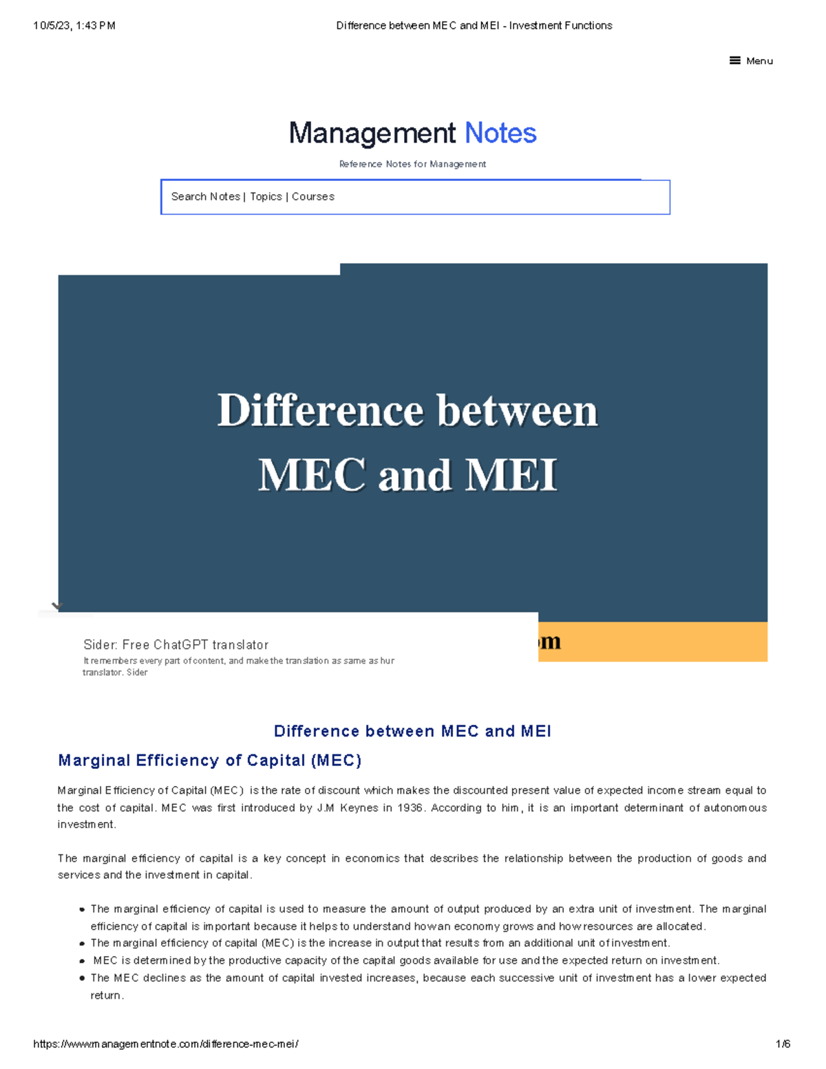 Difference between MEC and MEI - Investment Functions - 10/5/23, 1:43 ...