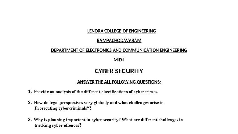 Cyber Security Midterm Exam Questions - LENORA COLLEGE - Studocu
