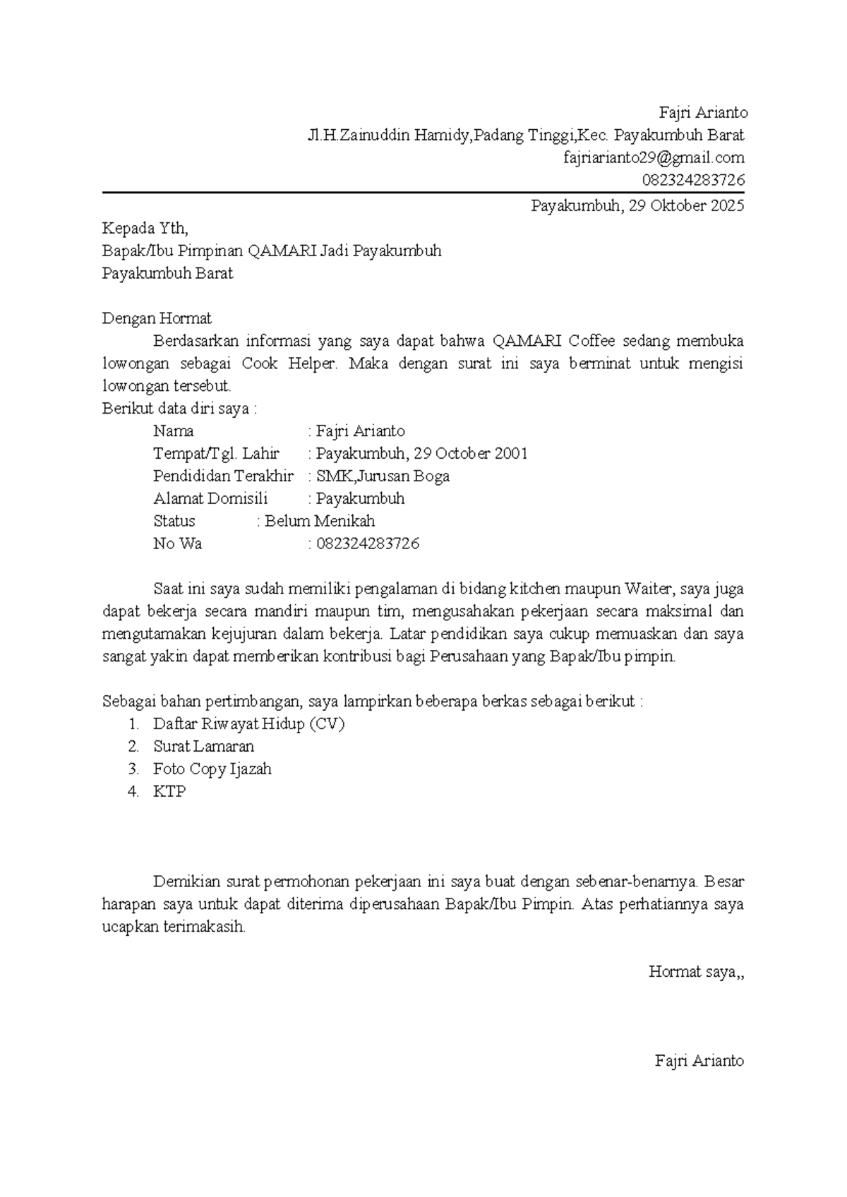 Lamaran Pekerjaan Cook Helper di QAMARI - Fajri Arianto - Studocu