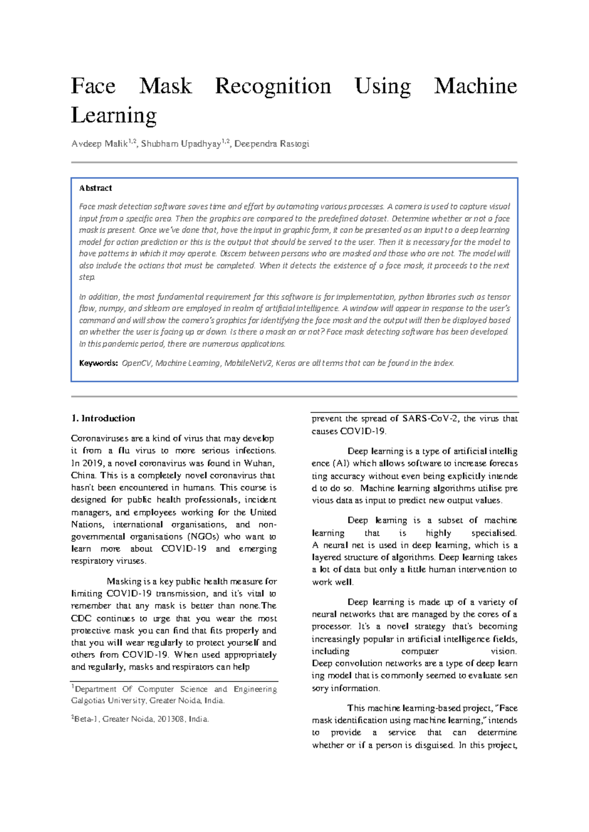 Research Paper - Face Mask Recognition Using Machine Learning Avdeep ...