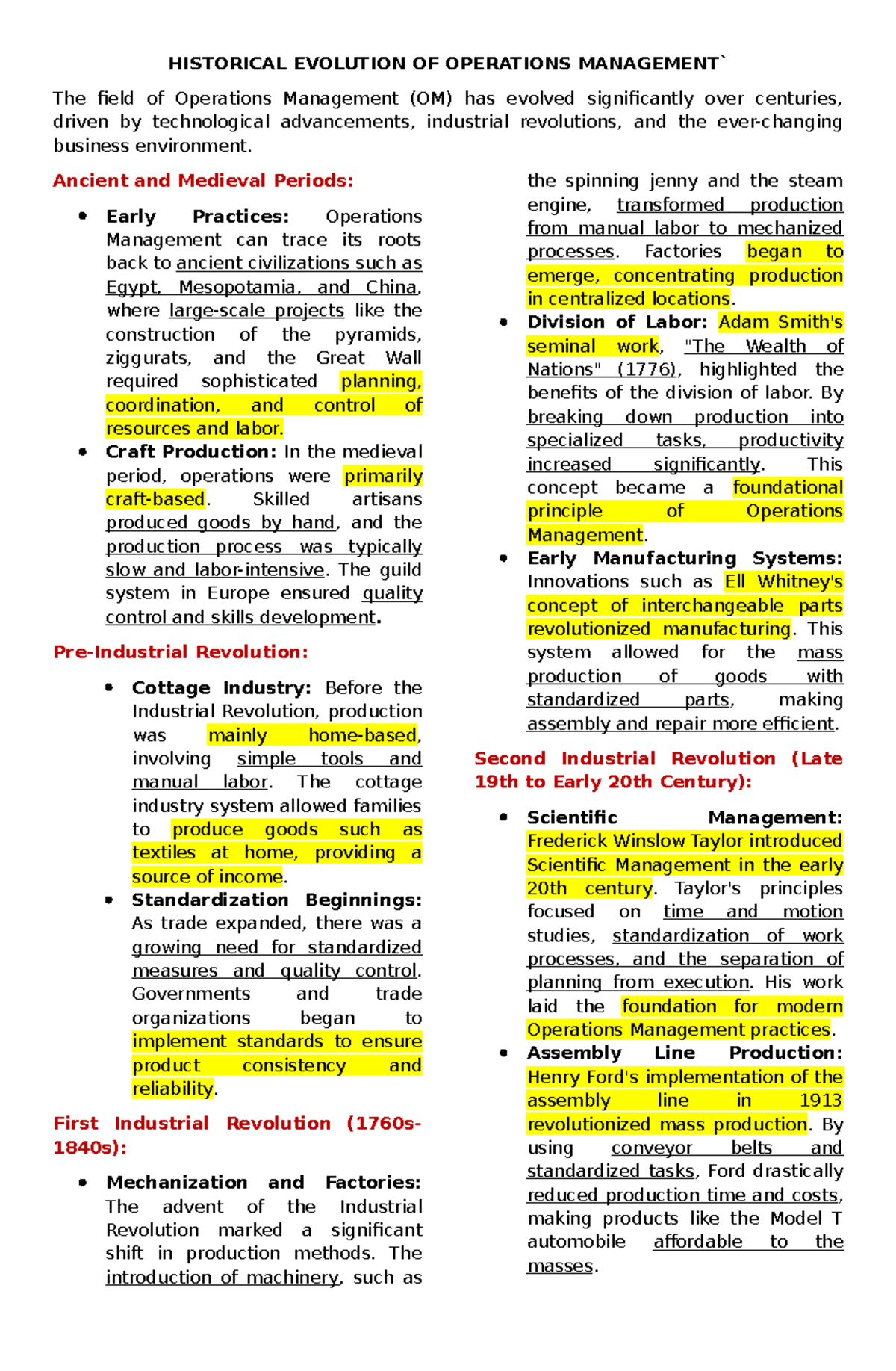 Historical evolution of operations management: TQM insights - Studocu