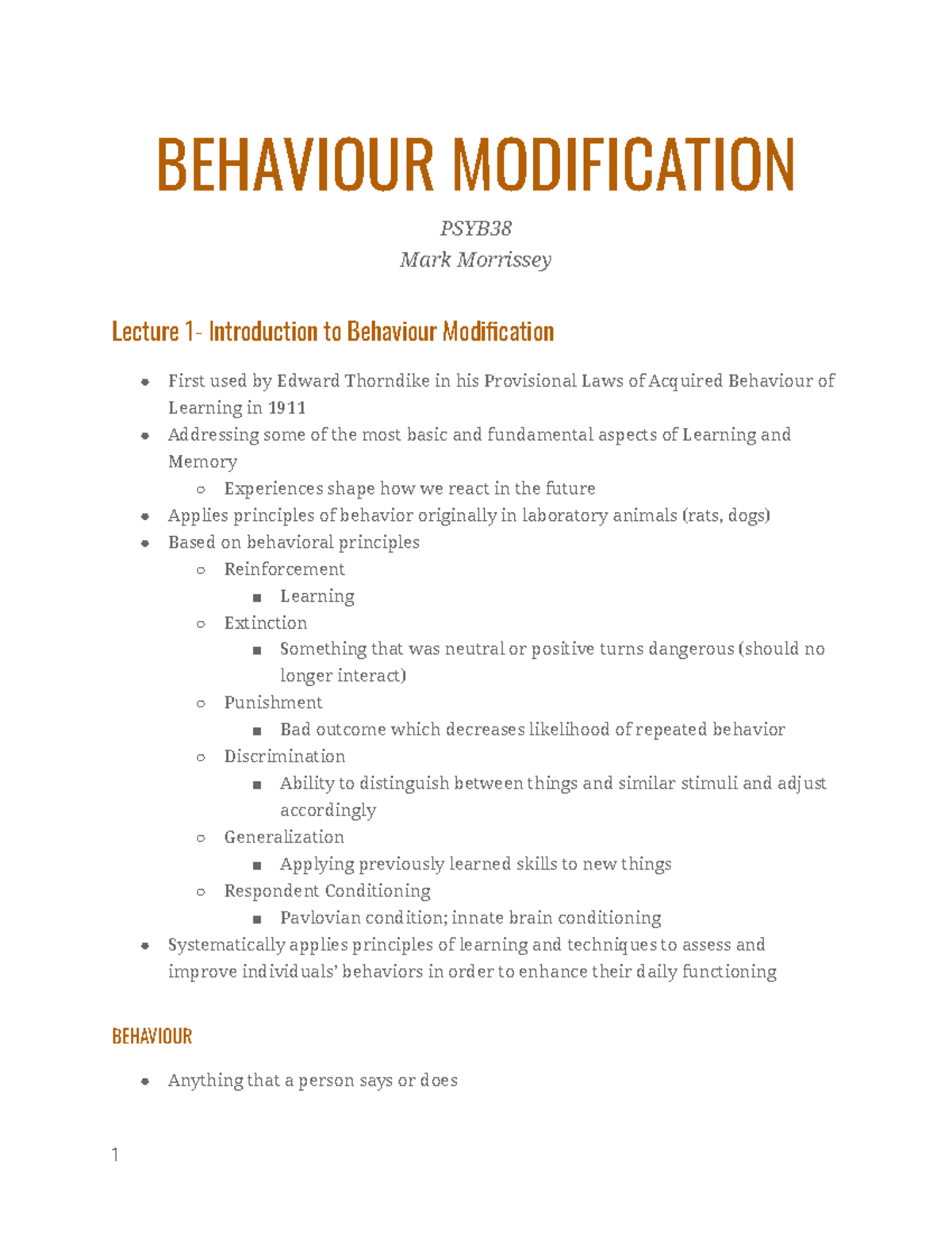 PSYB38 Lecture Notes: Introduction to Behaviour Modification - Studocu