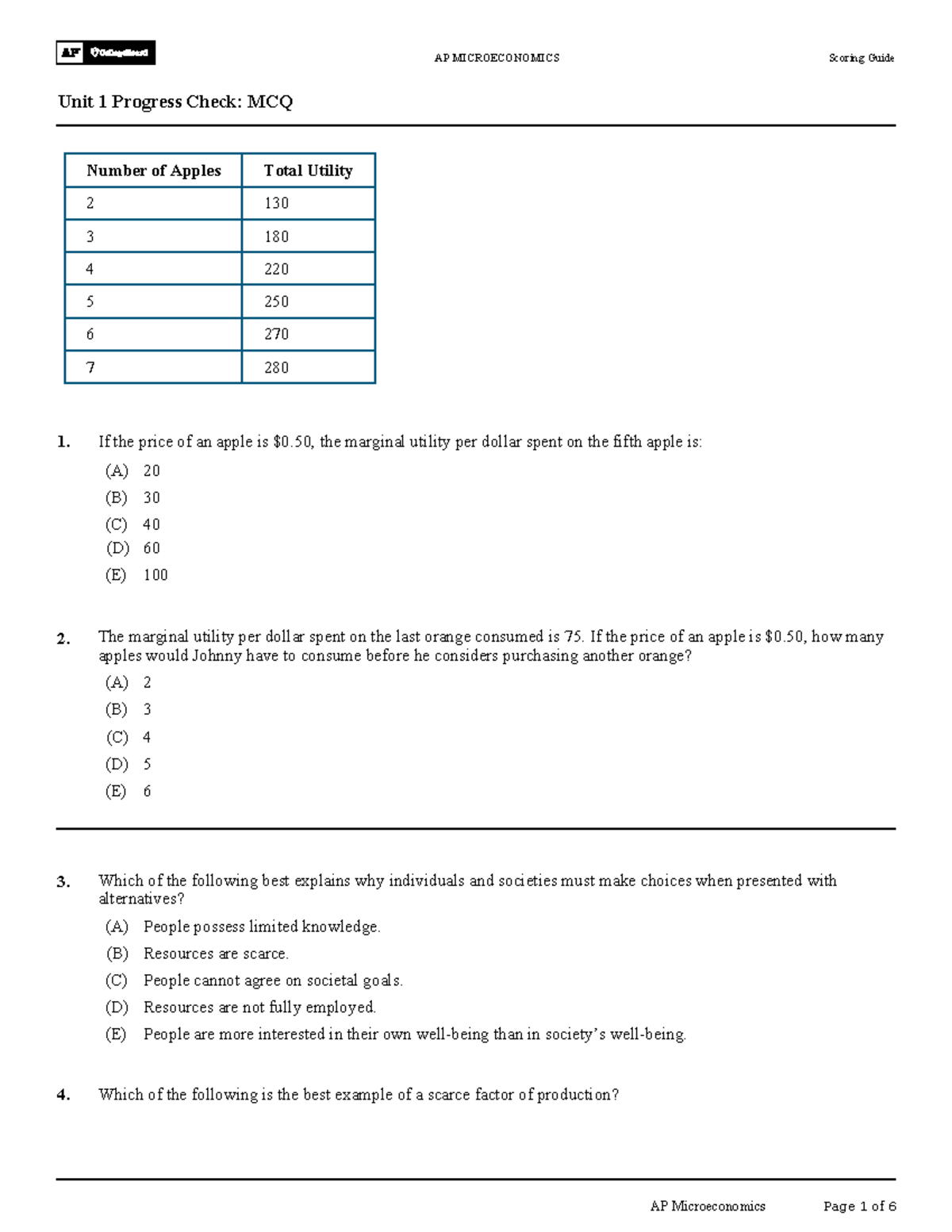 AP Microeconomics Unit 1 Progress Check: Multiple Choice Questions ...