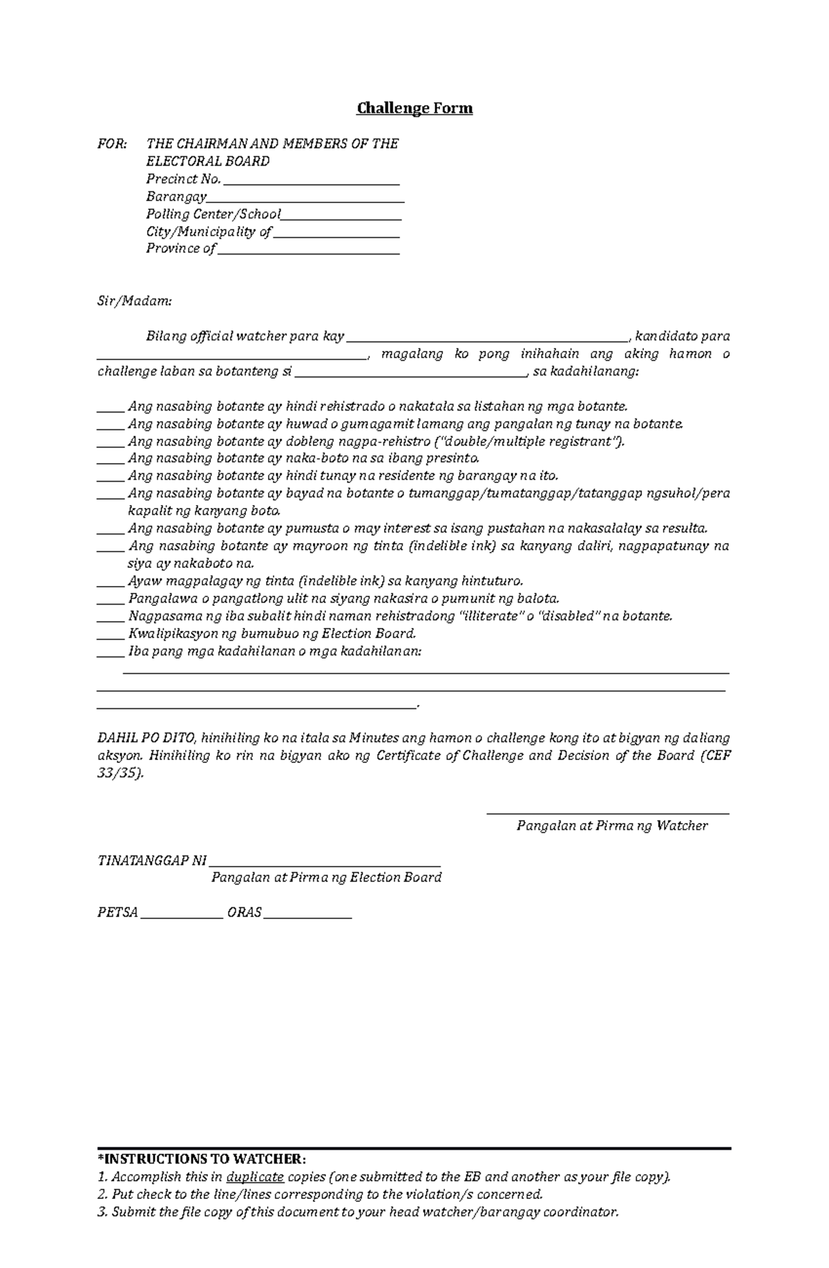Election Challenge Form for Electoral Board in the Philippines - Studocu