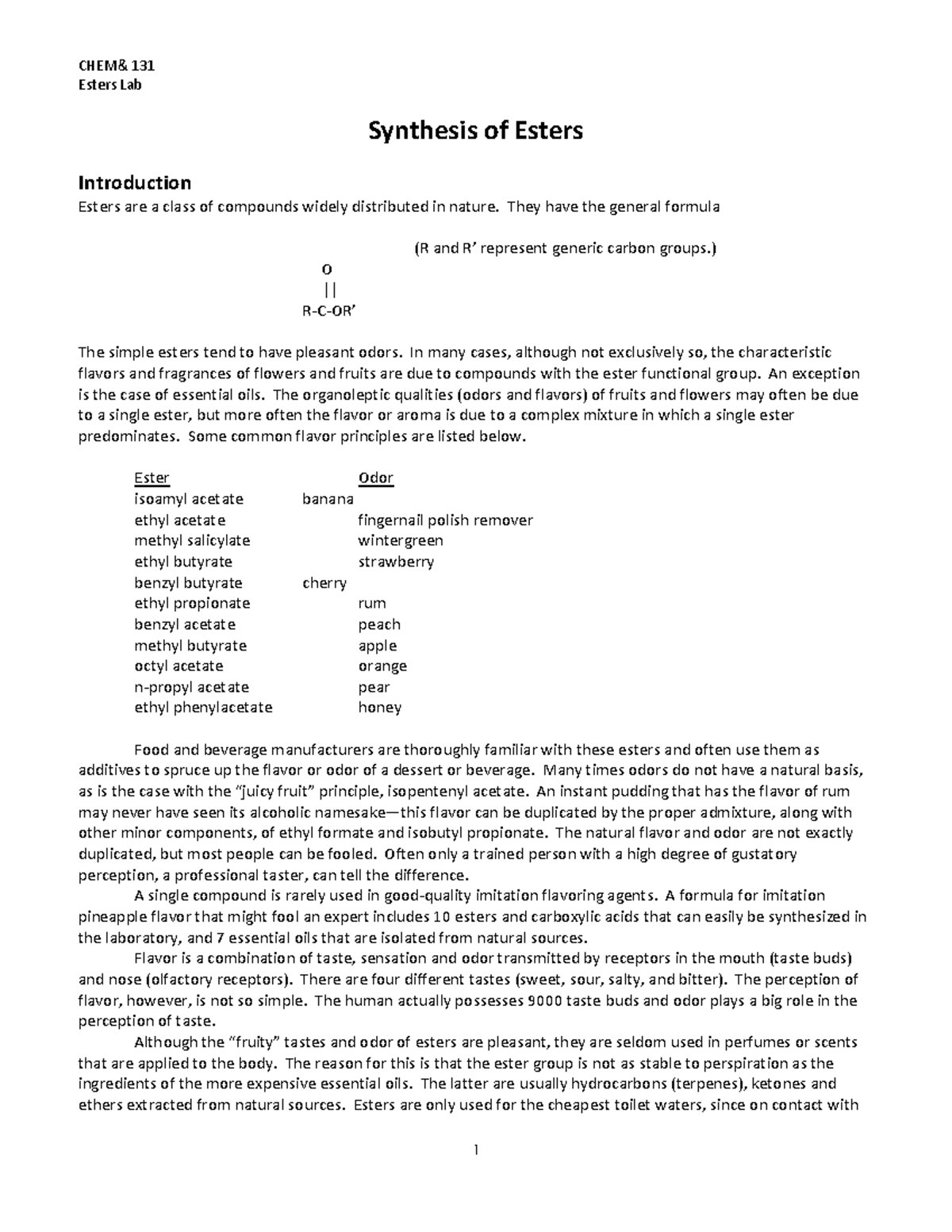 CHEM131 Lab Esters - lab report - CHEM& 131 Esters Lab 1 Synthesis of ...