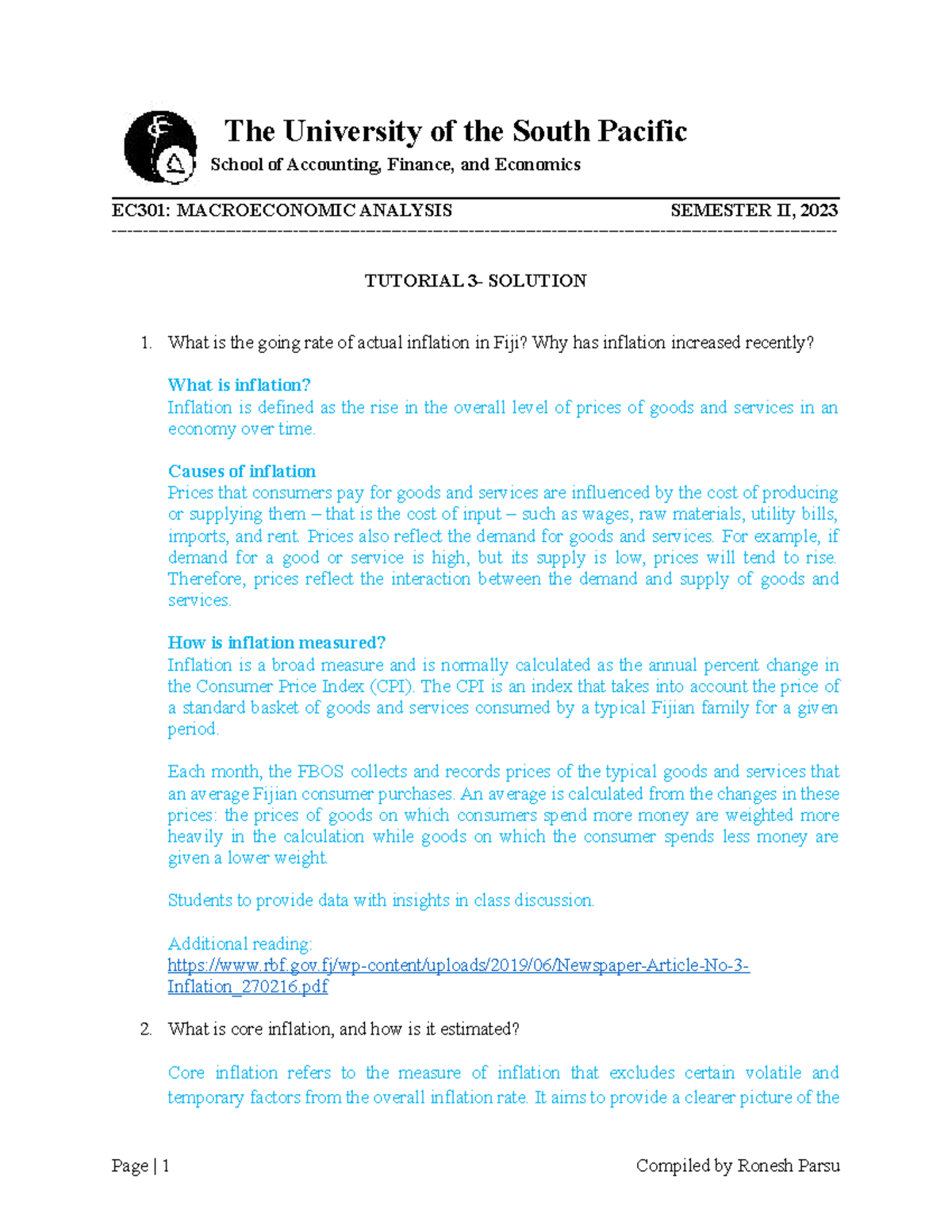 EC301: Macroeconomic Analysis Tutorial 3 Solutions - Semester II, 2023 - Studocu