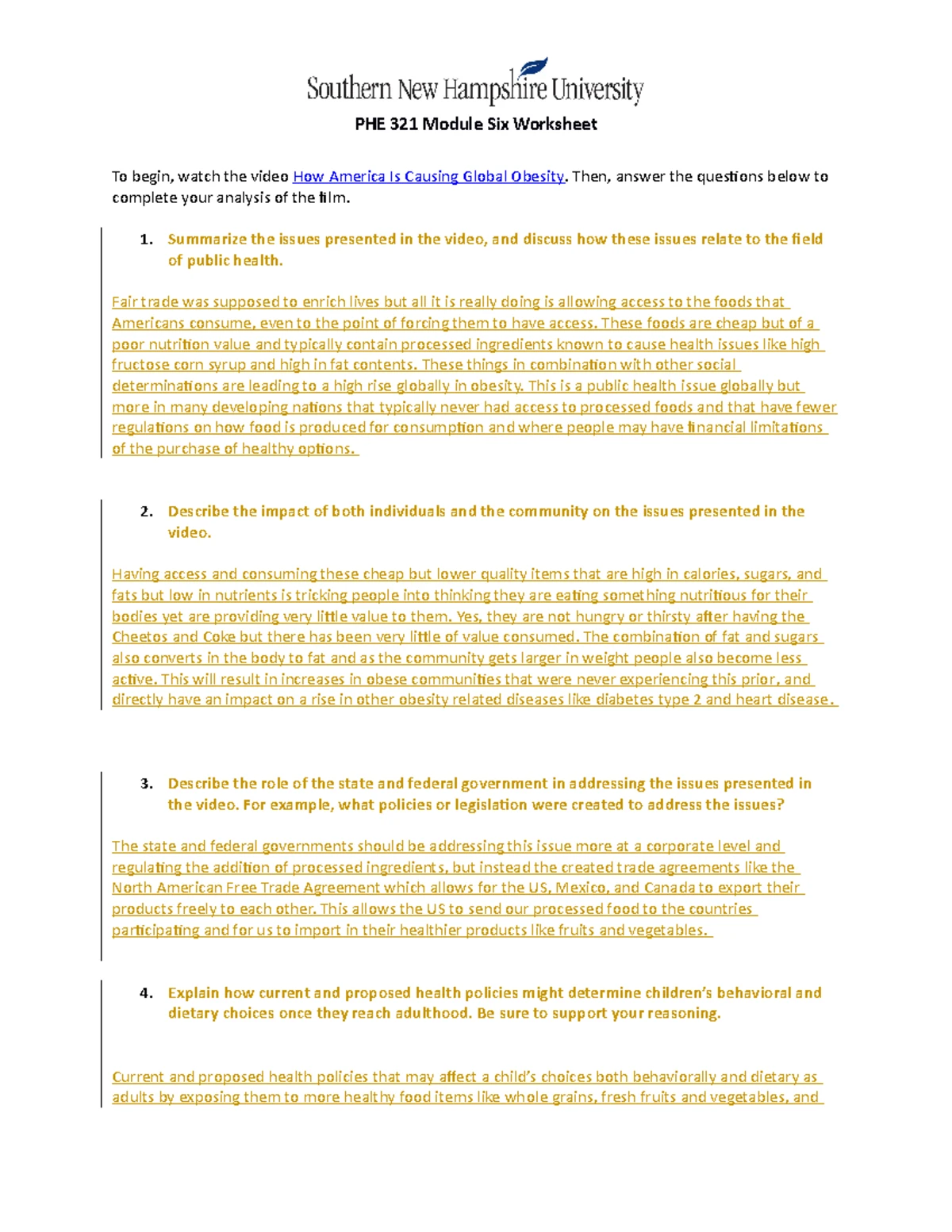 PHE 321 Module Six Worksheet - PHE 321 Module Six Worksheet To begin ...