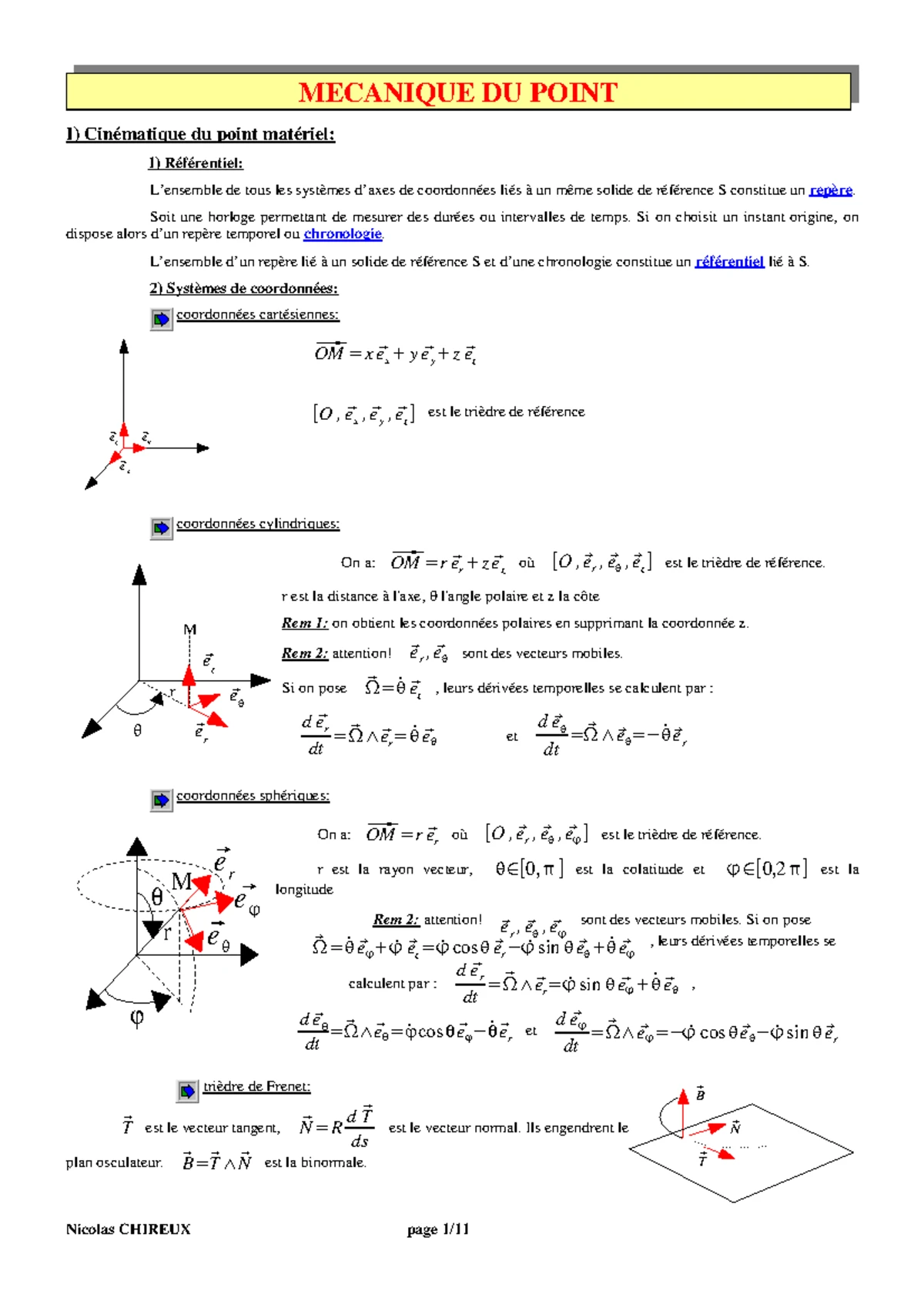Coordonnées Curvilignes et Base de Frenet - Chapitre 1 de Cinématique ...