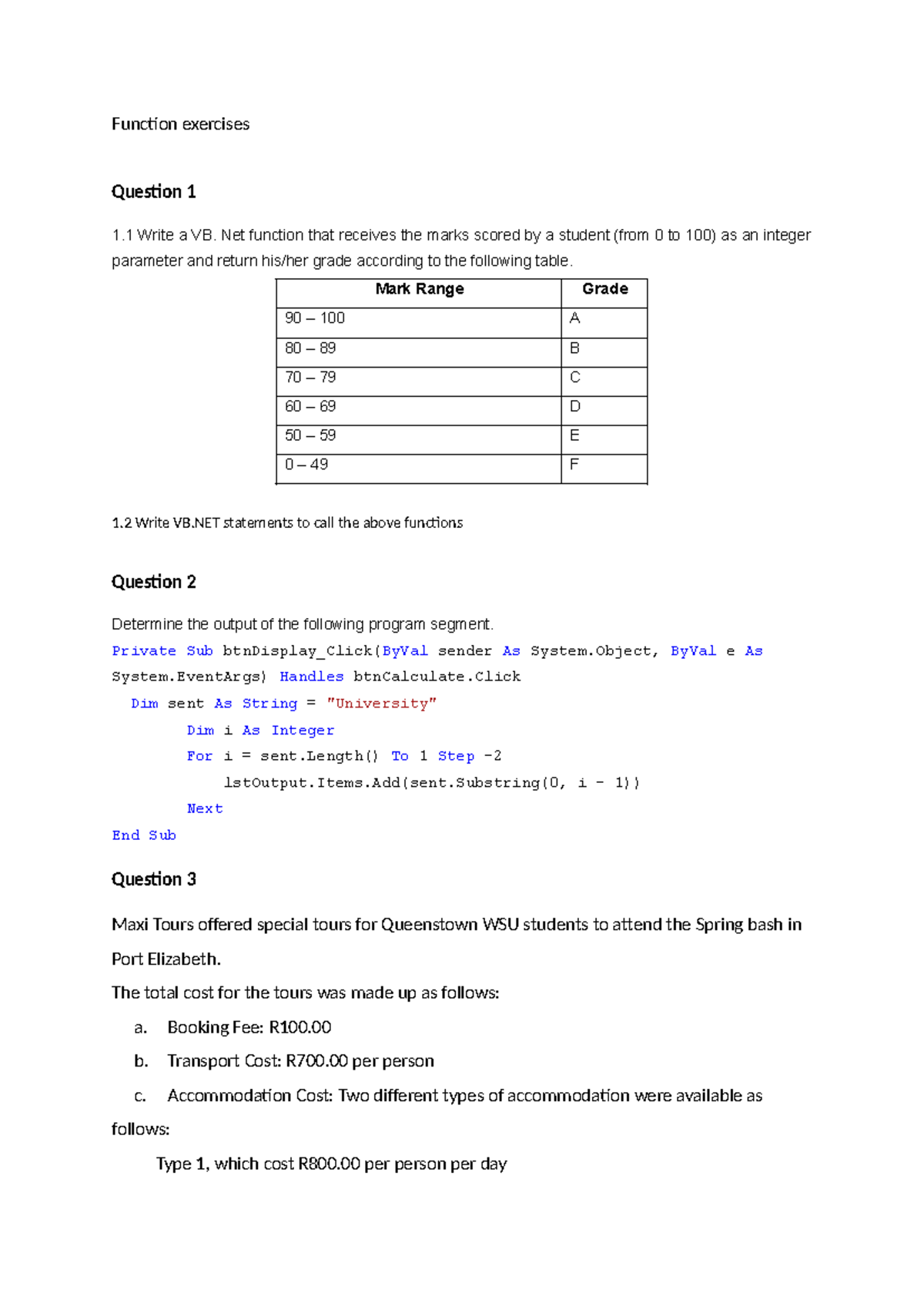 Function Subs Combobox exercises - Function exercises Question 1 1 ...