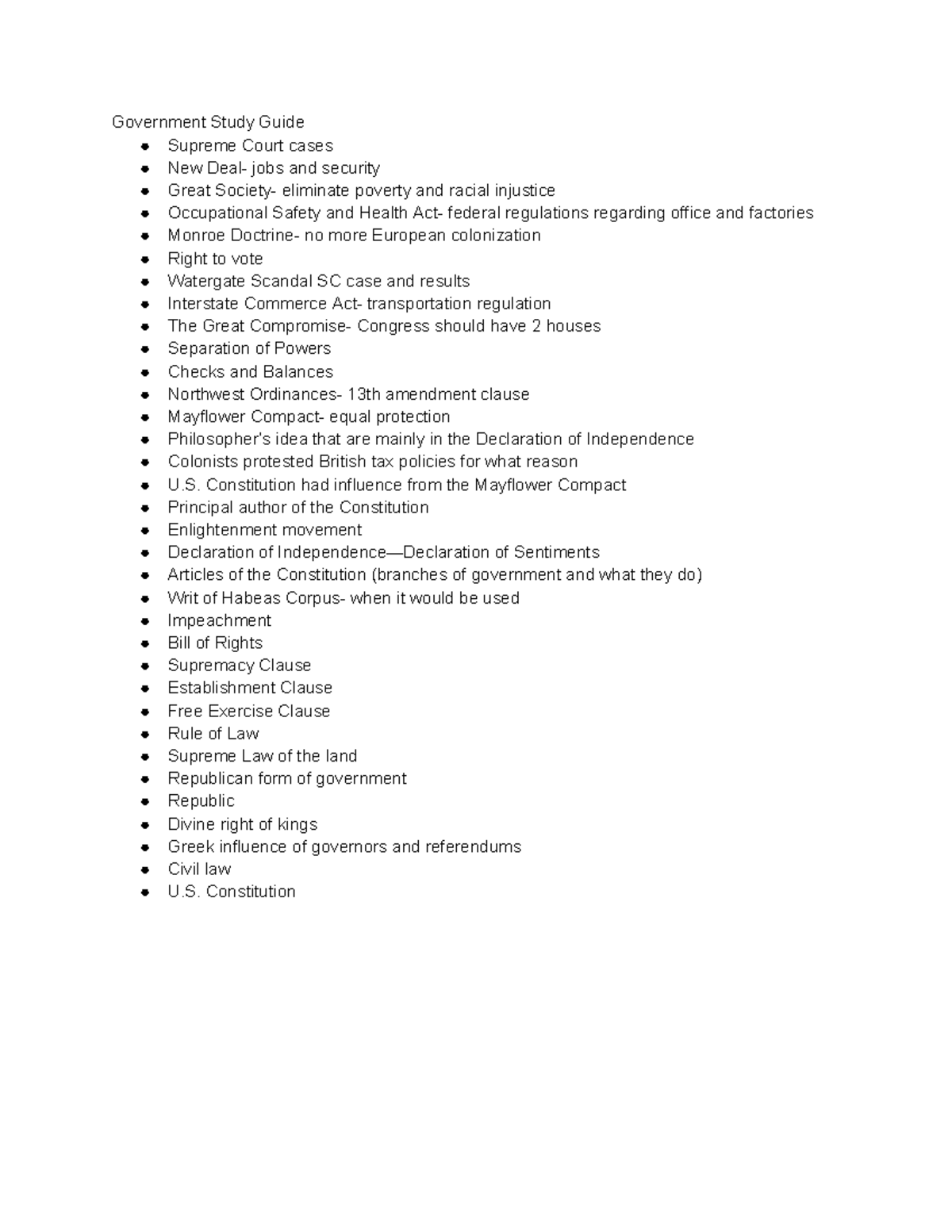 Government Study Guide: Key Topics in U.S. History & Civics - Studocu