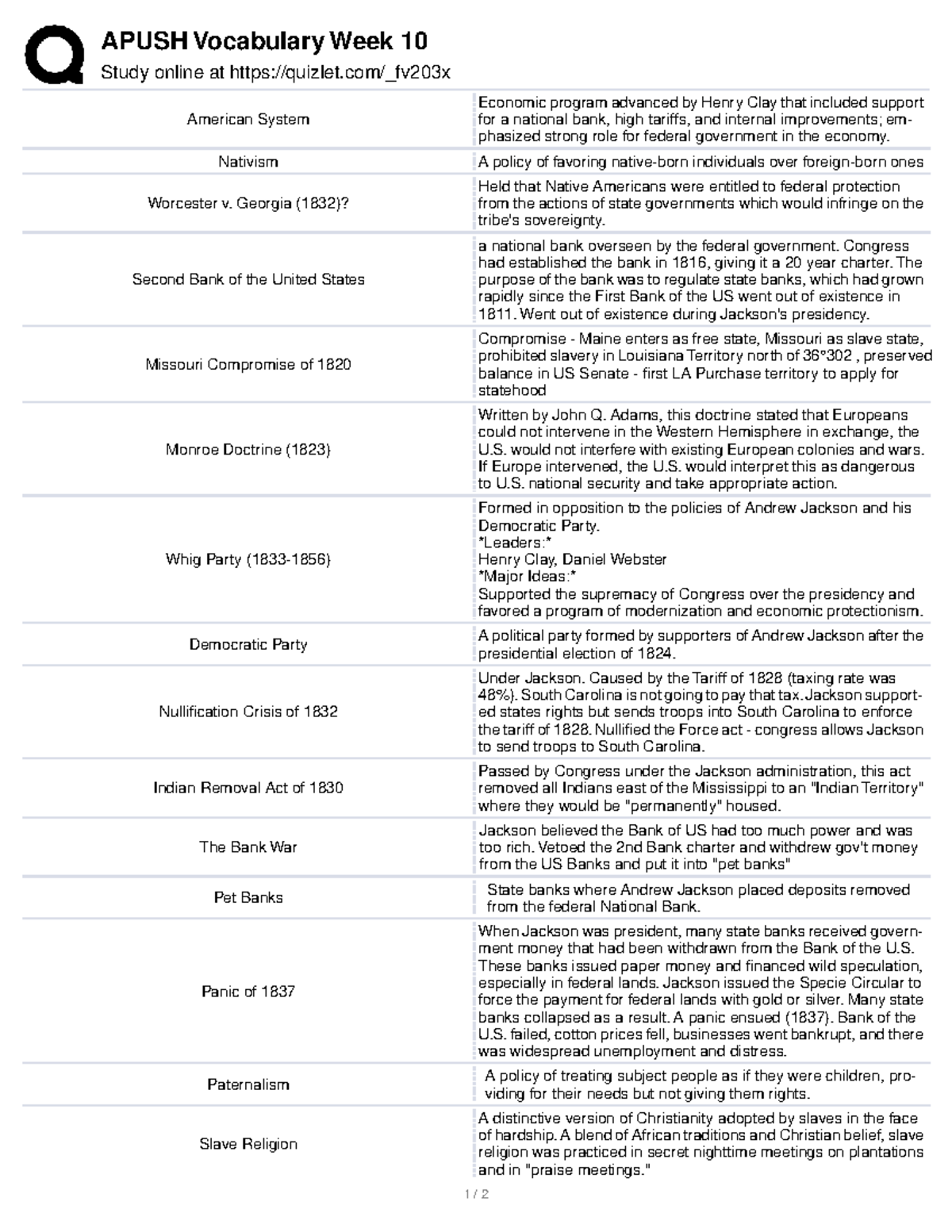 APUSH Vocabulary Terms for Week 10: Key Historical Concepts - Studocu