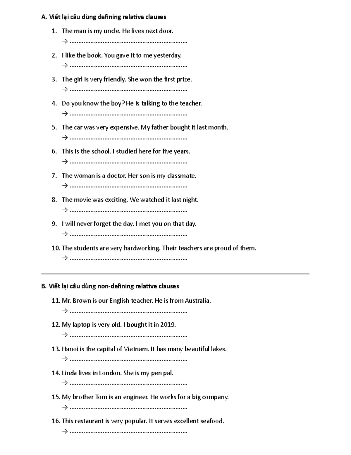 A. Defining and Relative Clauses Practice Exercises - Studocu